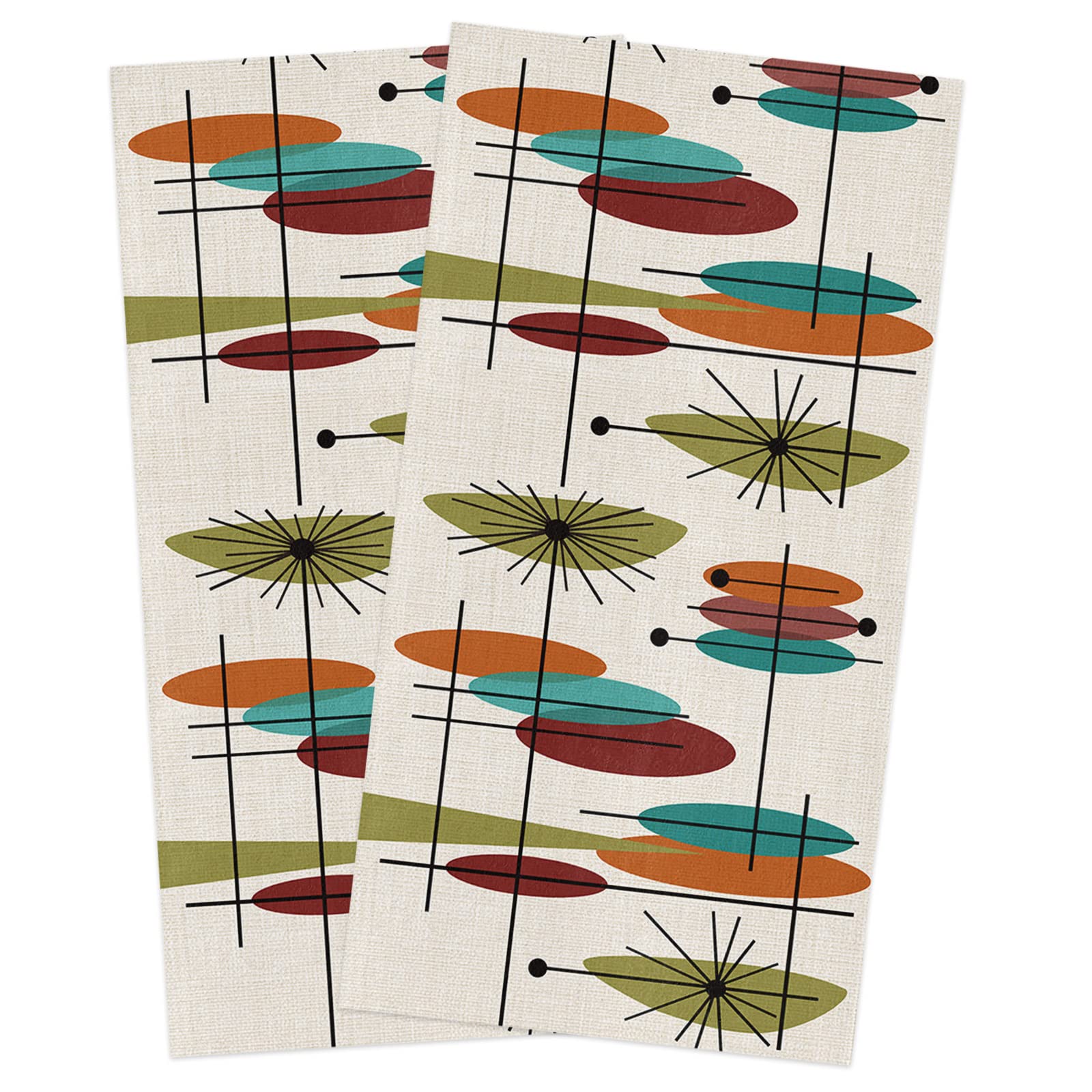Chucoco Mid Century Oval Colored on Retro Linen Kitchen Towel Absorbent Dish Towels, 2 Pack Soft Reusable Absorbent Hand Towel Vintage Art Bathroom Cloth Quick Drying Hanging Terry for Home Cleaning