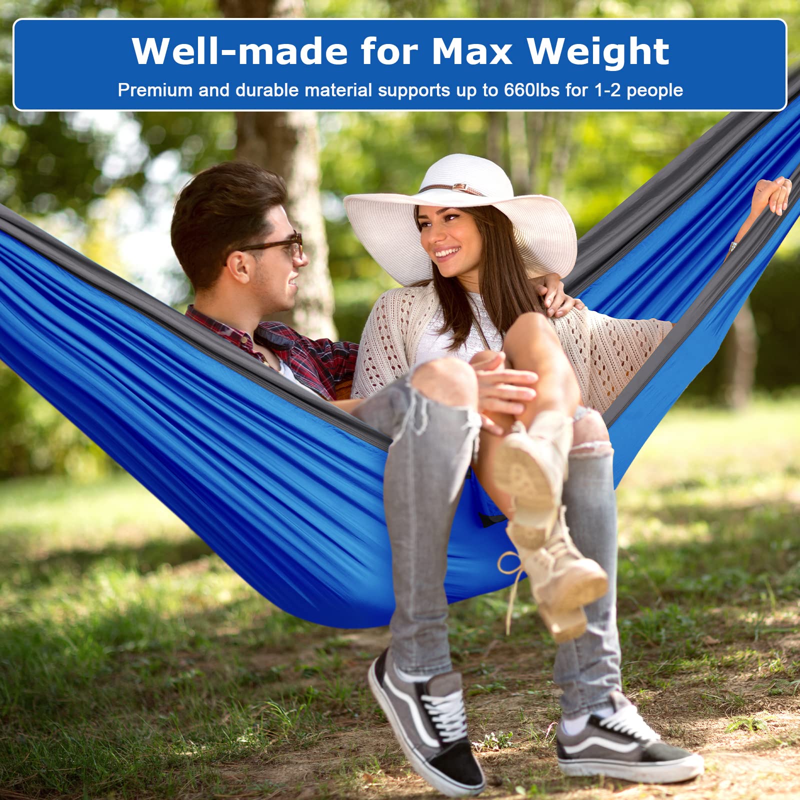 COMMOUDS Camping Hammock with Mosquito Net and Rain Fly, Double Portable Hammock, 2 Person Nylon Parachute Hammock Tent with Tarp & 2 Tree Traps for Backpacking Travel Beach Backyard Patio Hiking