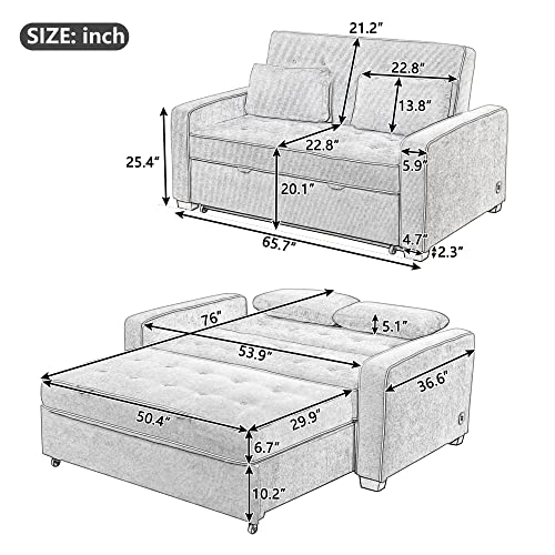 ERYE 3 in 1 Oversized Upholstered Loveseat Convertible Full Size Sleeper Sofa Bed W/ 2 Pillows,Modern Love Seat with Pull Out Couch Bed and USB Charging Ports for Home/Off/ce/Apartment Living Room