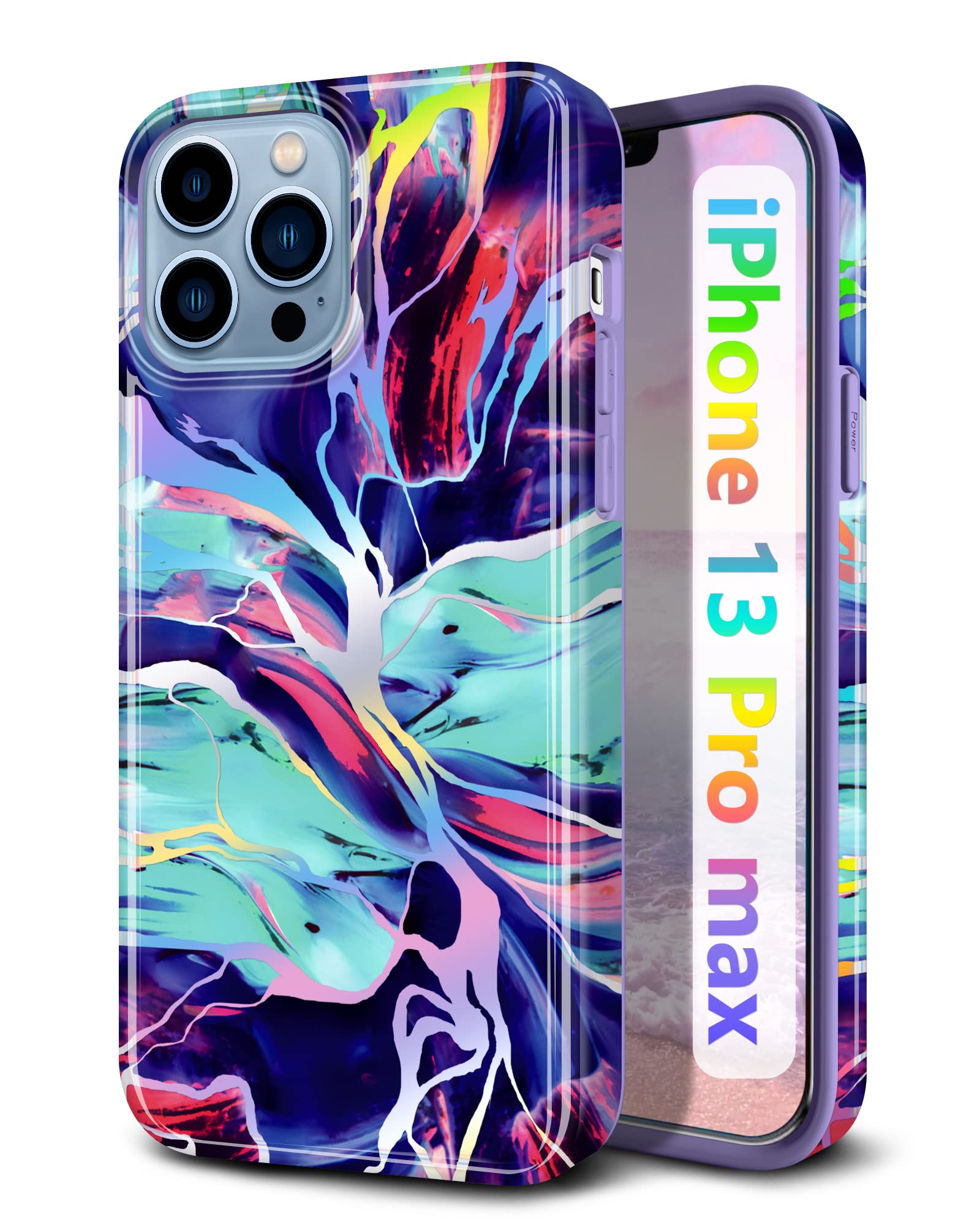 CAOUME Compatible with iPhone 13 Pro Max Case Purple Marble Design Sparkly Glitter Protective Stylish Slim Thin Cute Holographic Cases for Apple Phone 6.7" 2021 Release, Soft TPU Silicone Bumper