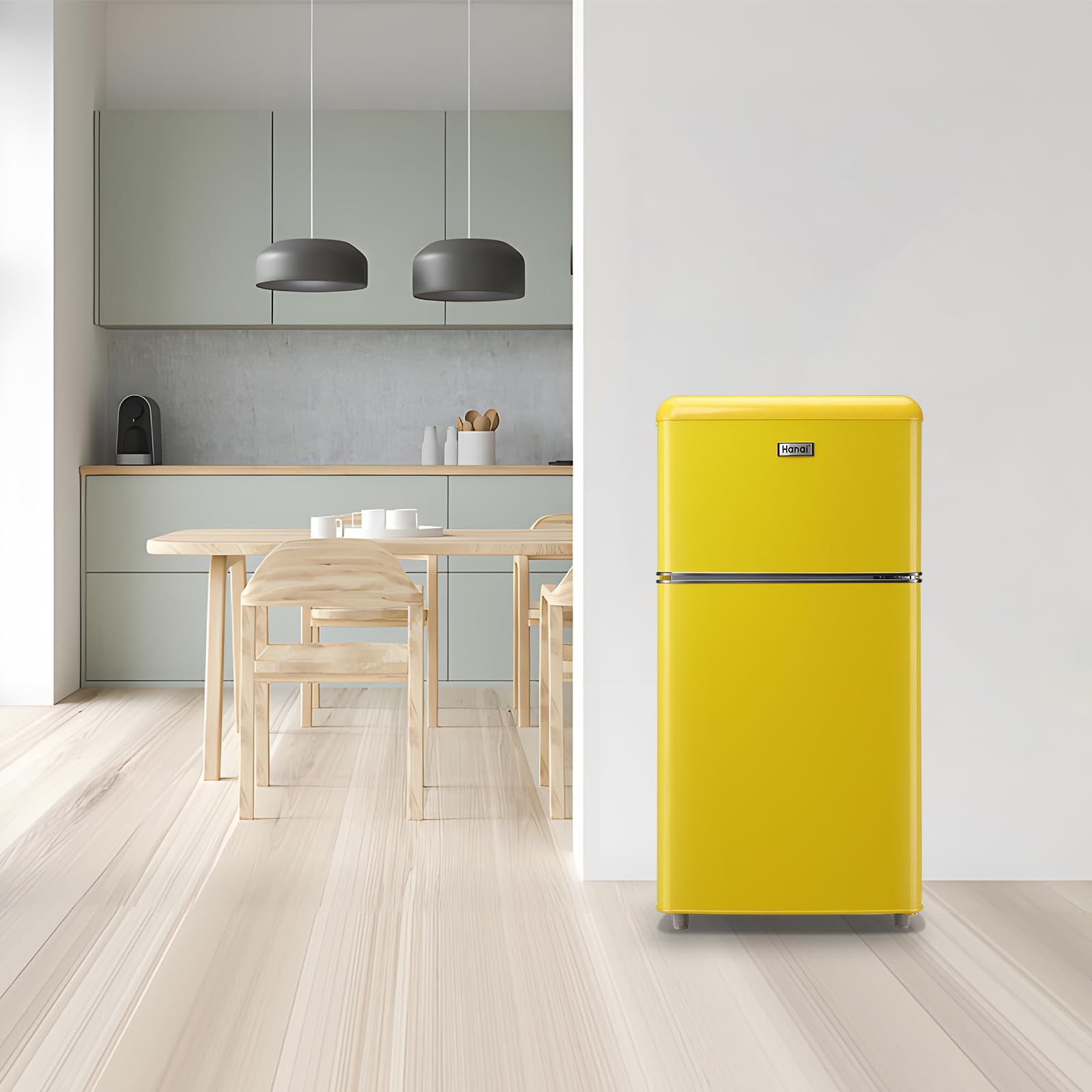 WANAI Mini Fridge Dual Door Refrigerator with Freezer 3.5 Cu.Ft, Compact Refrigerator with Adjustable Temperature & Removable Glass Shelves, Fridge for Apartment/Dorm/Office/RV, Yellow