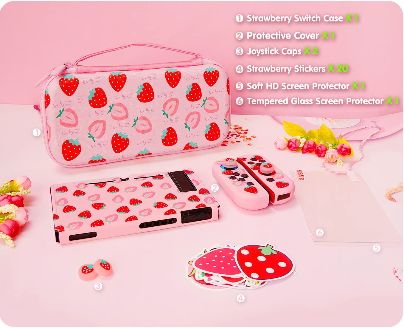 Cute Strawberry Carrying Case Compatible with Nintendo Switch (NOT OLED or Lite) with Dockable Protective Cover+ Tempered Screen Protector +Stickers+ Thumb Grip Caps, Pink Accessories Bundle for Girls