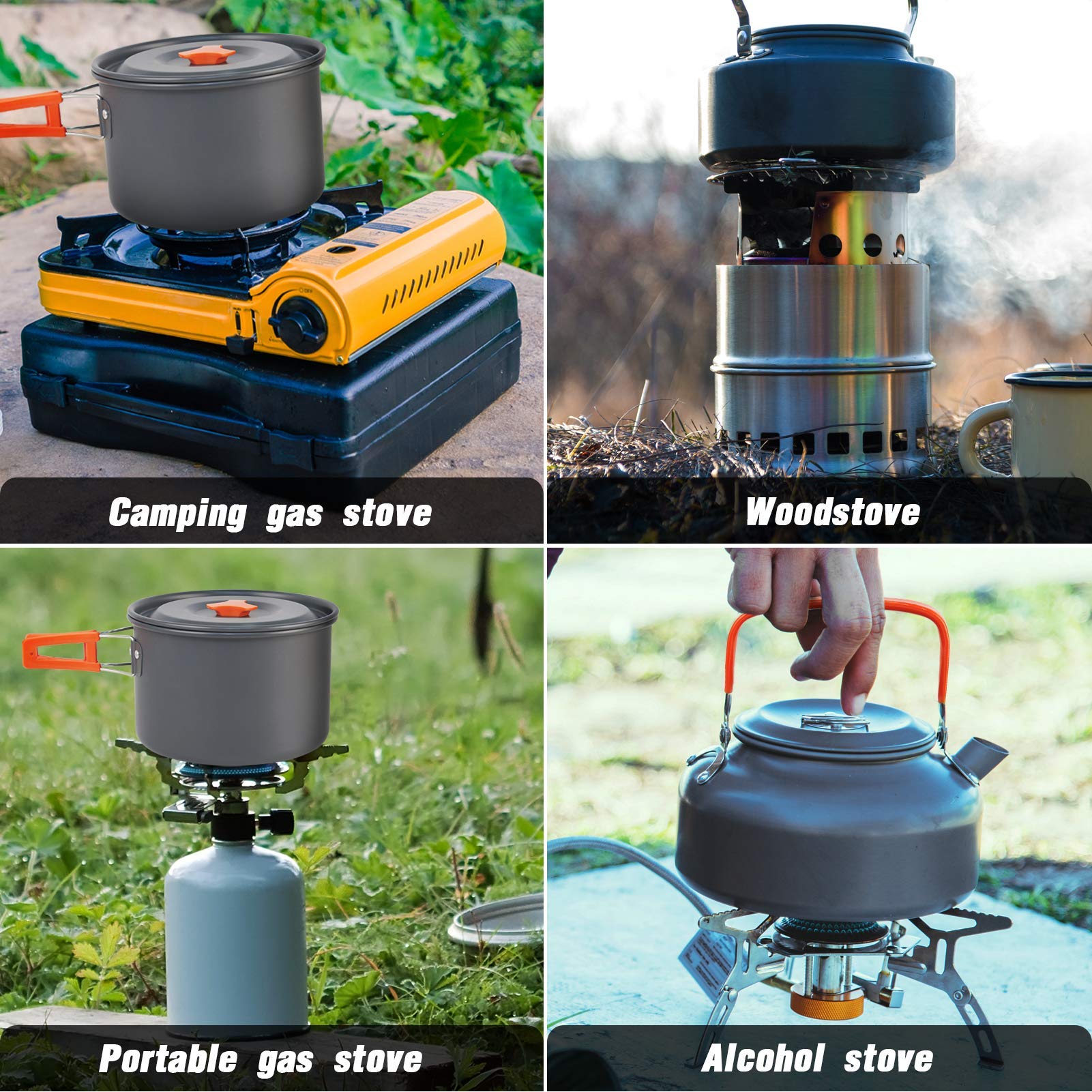 Camp Cookware Set, MEETSUN 17 Piece Camping Cookware 4 Person High Capacity Camping Gear and Equipment with Camping Pot Camping Coffee Pot Chopping Board Folding Knife and Fork Set for Outdoor