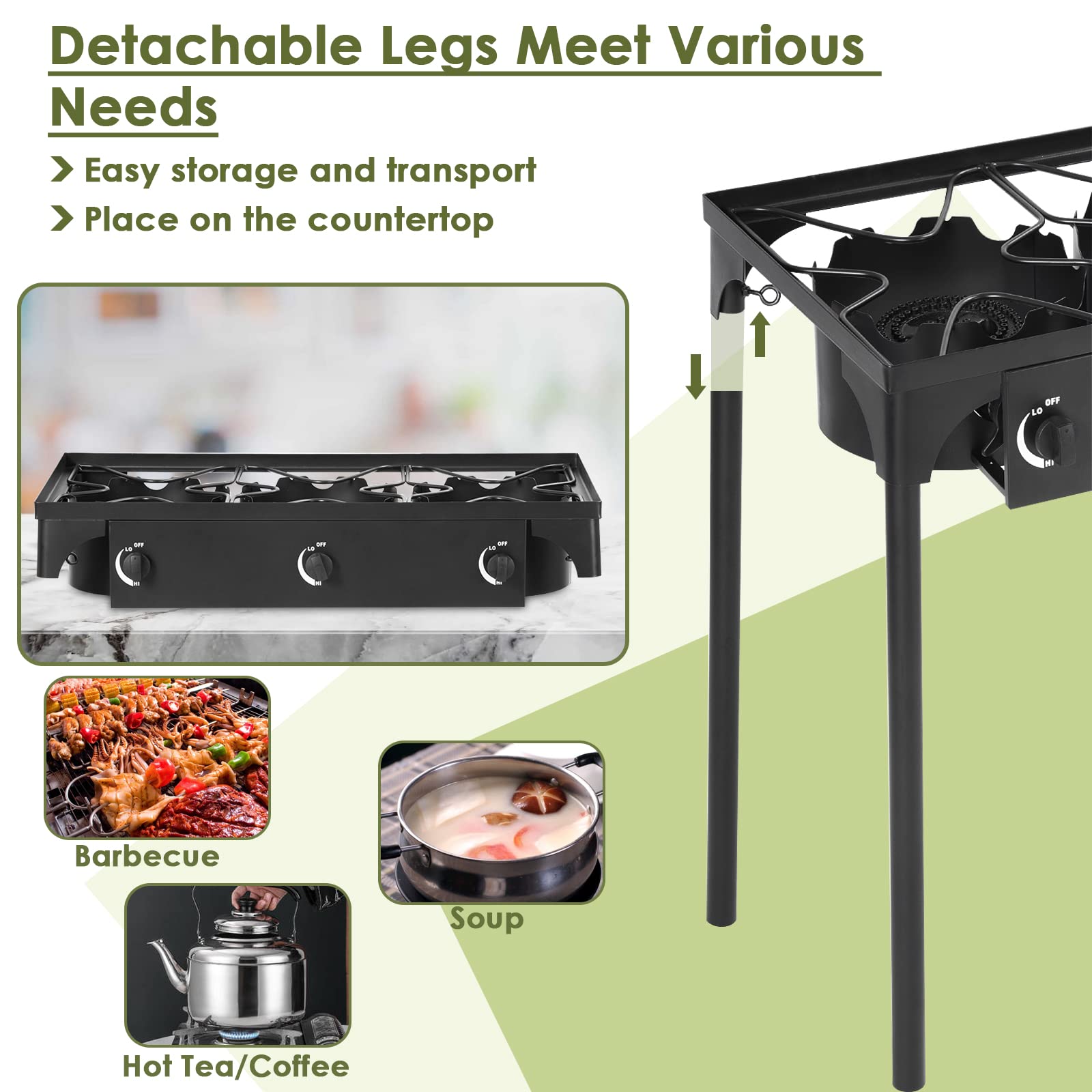 GYMAX Camping Stove, 3 Burner Propane Camp Stove w/Detachable Legs, 225,000-BTU Output, 20 PSI Regulator & CSA Certification, 30ββ Outdoor Gas Stove, High Pressure Propane Burner for BBQ (3 Burner)