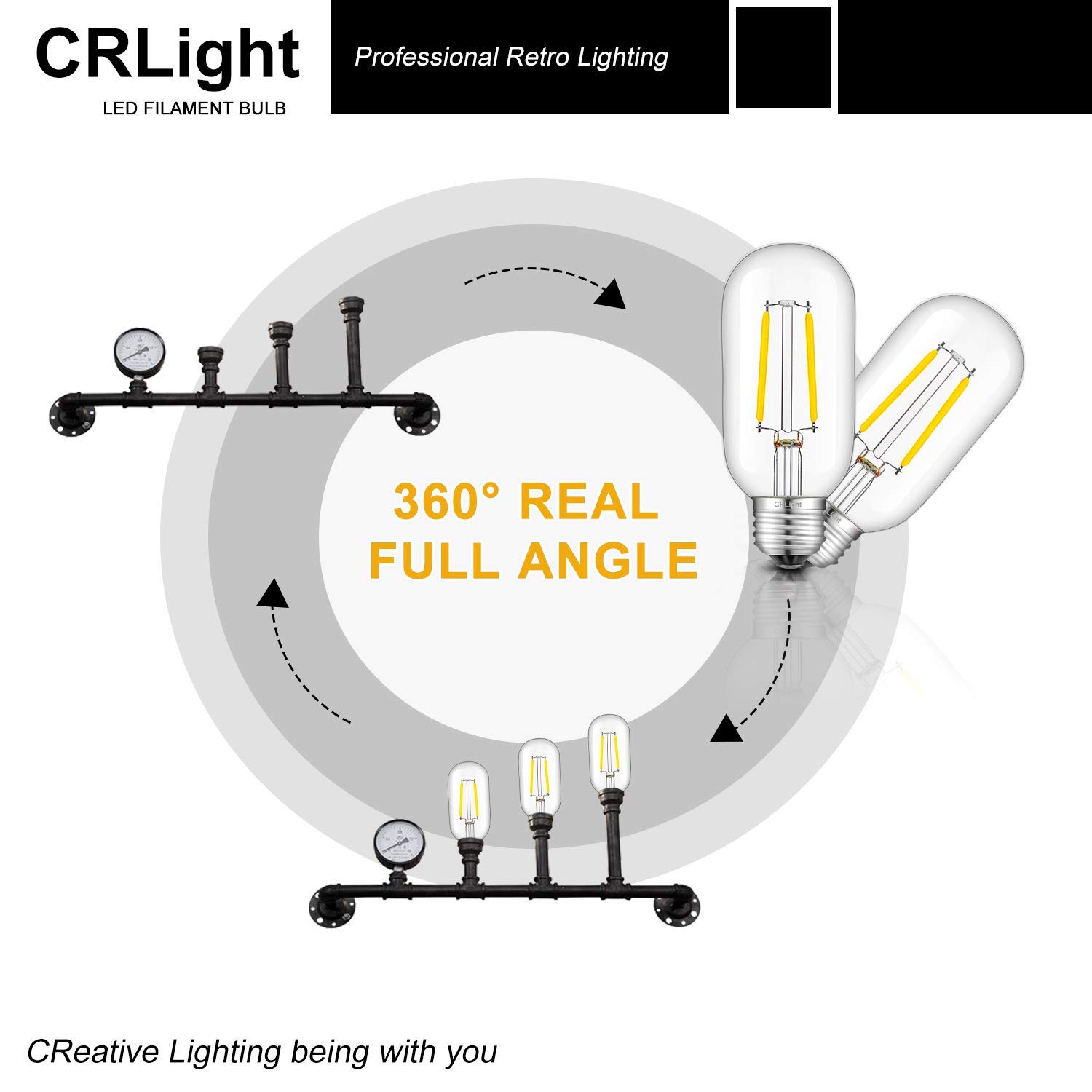 CRLight 2W LED Edison Bulb 4000K Daylight White, 30W Equivalent 300 LM, E26 Vintage Tubular T45 / T14 Clear Glass Dimmable LED Light Bulbs, 8 Pack