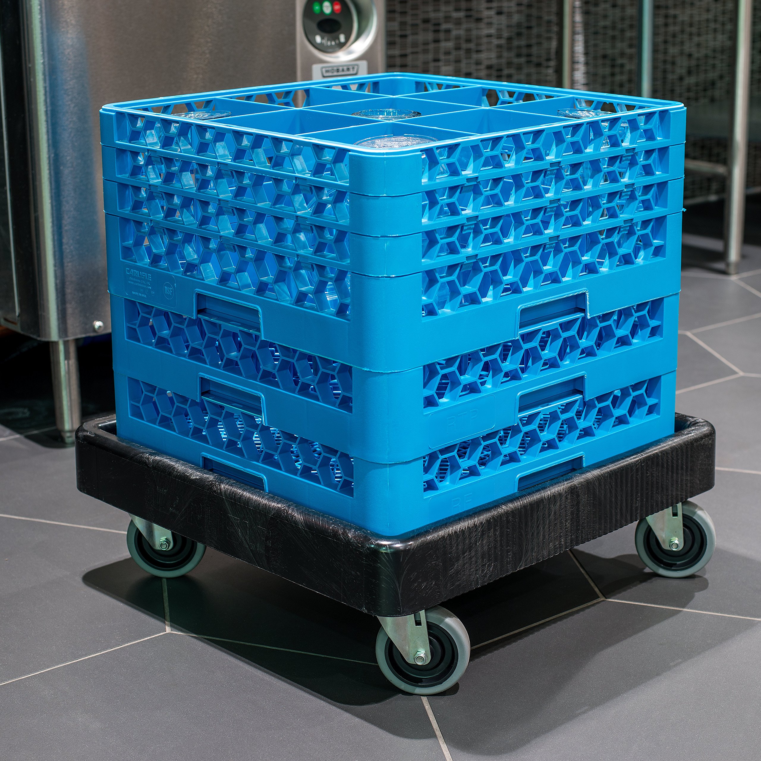 Carlisle FoodService Products E-Z Glide Warewashing Rack Dolly Dishwashing Rack Dolly with Drain for Kitchen and Restaurants, Plastic, 22.5 X 22.5 X 8 Inches, Black