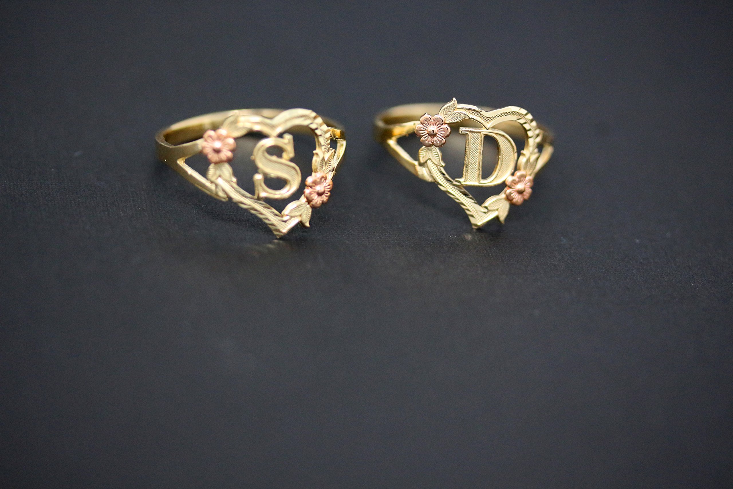 CaliRoseJewelry 14k Two-Tone Initial Alphabet Personalized Heart Ring in Yellow and Rose Gold (Size 5) - Letter D