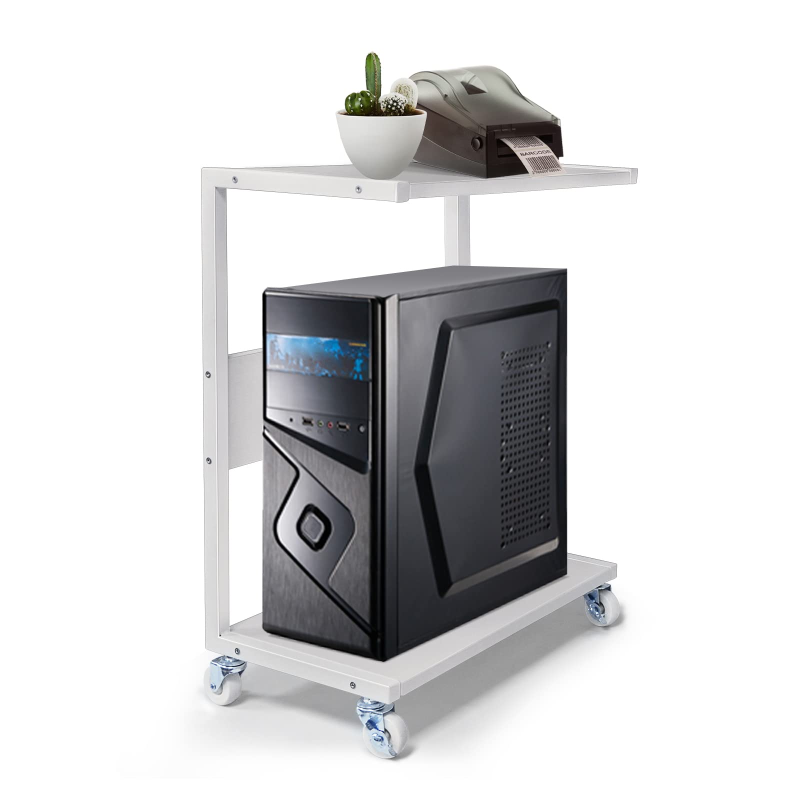 Computer Tower Stand White, Hakkalights C-Shaped 2-Tier Desktop PC Tower Floor Stand CPU Holder Under Desk with 4 Locking Swivel Casters for School, Office, Home (White Color)