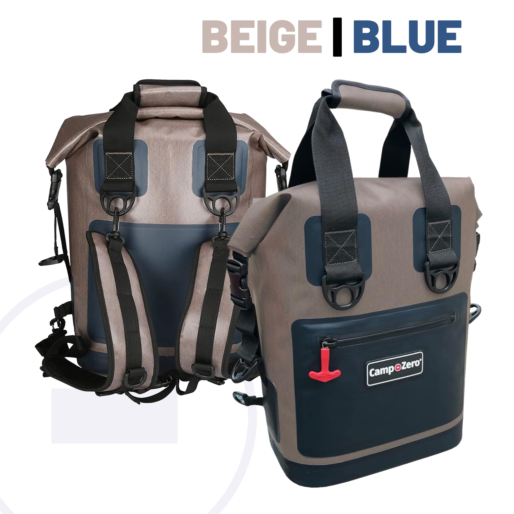 CAMP-ZERO Roll Top Cooler Bag with Backpack Straps | Easy Carry Handles & Air-Lock Closure | Keep Drinks Cold On Outdoor Adventures (Beige|Navy)
