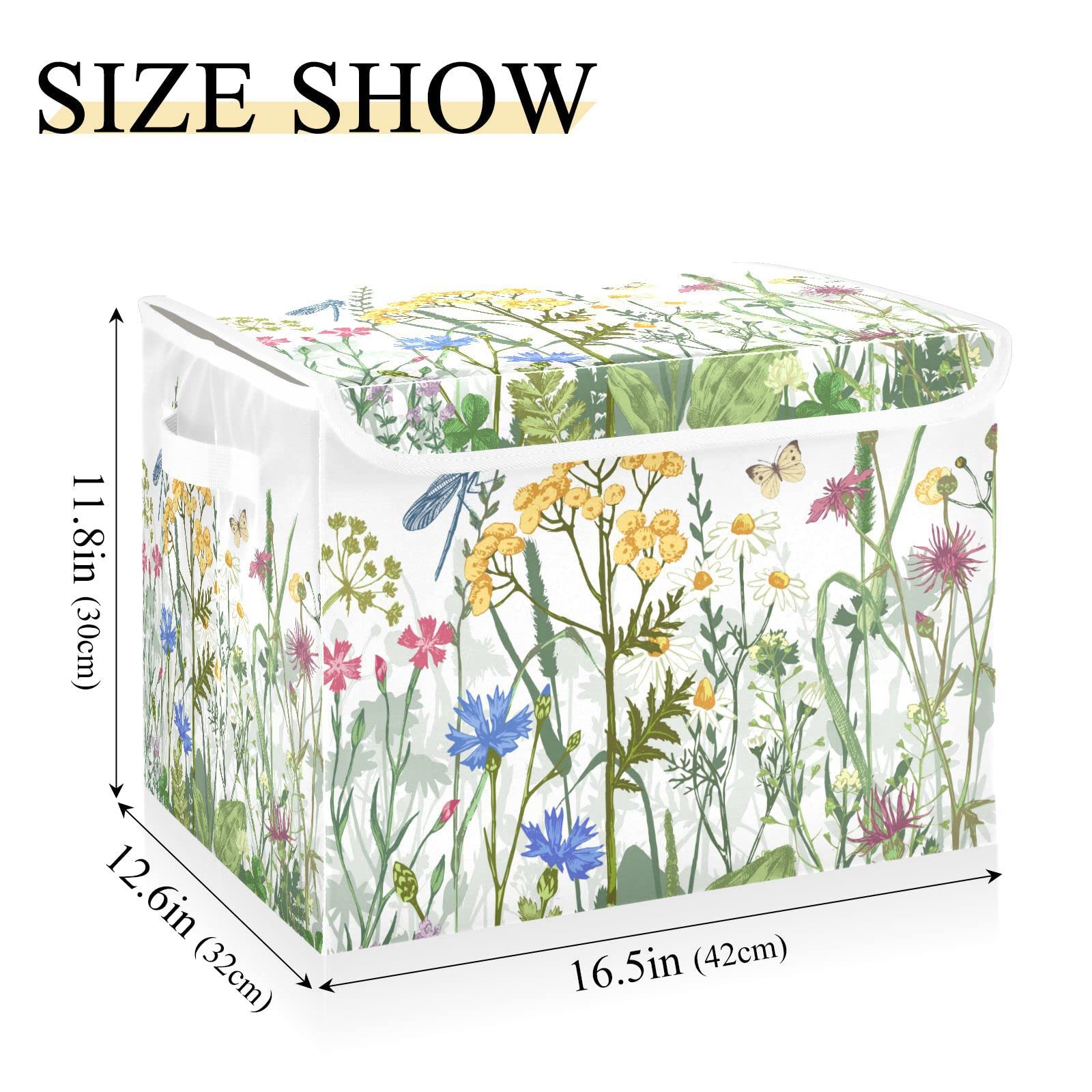 JUMBEAR Herbs Wild Flower Rectangular Storage Bin with Lid and Handle, Collapsible Toys Clothes Storage Basket Organizer for Closet, Office, Nursery, Home Decor