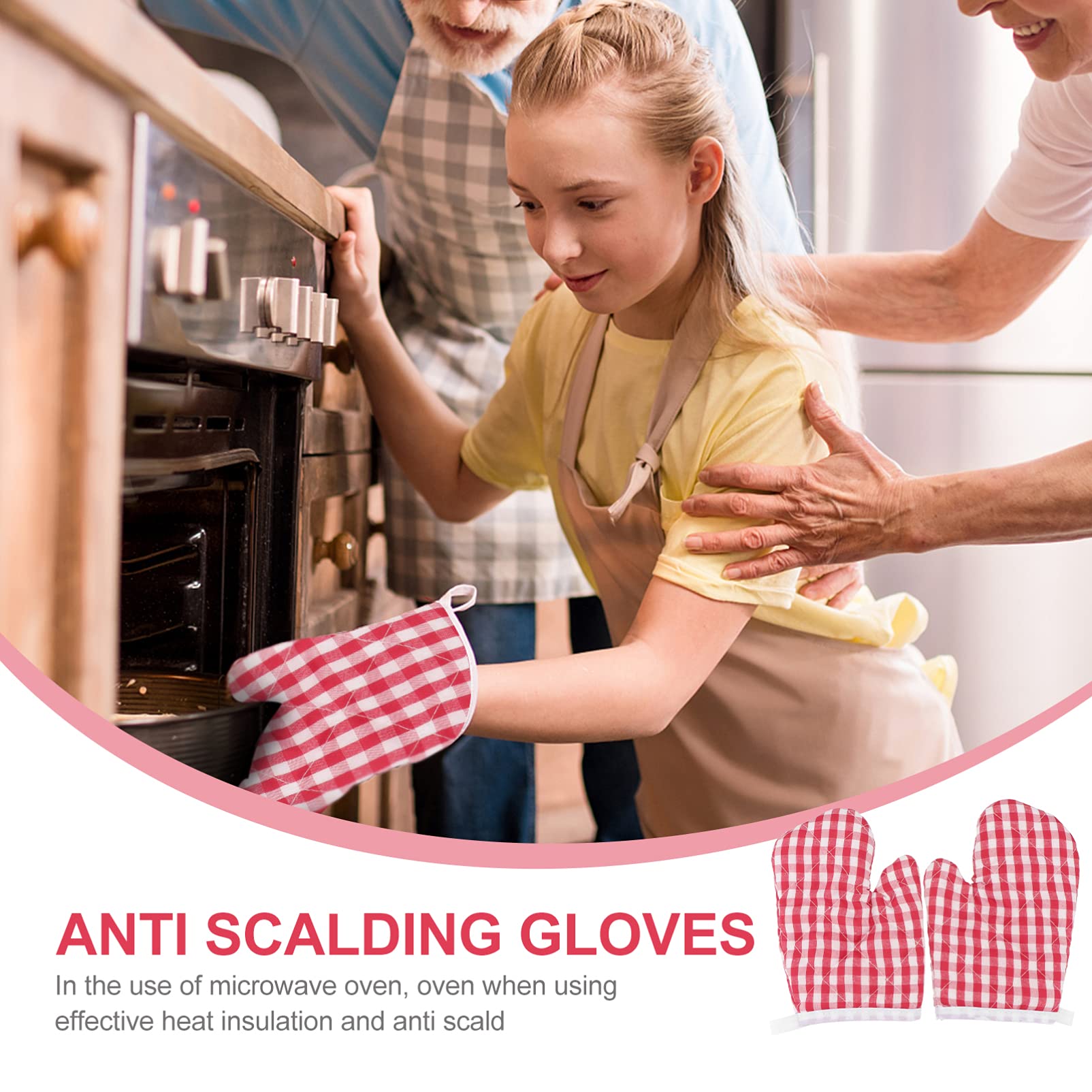 DOITOOL 2Pcs Kids Oven Mitts for Children Play Kitchen, Microwave Oven Gloves Kitchen Baking Mitts, Red Checkered Heat Resistant Kitchen Mitts for Safe Backing Cooking BBQ ( Red Checkered )