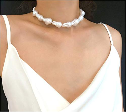 Cathercing Boho Baroque Irregular Pearl Pendant Choker Necklace for Women Vintage Charm Adjustable Chain Jewelry Simple Chic Cute Accessories Collocation on Beach