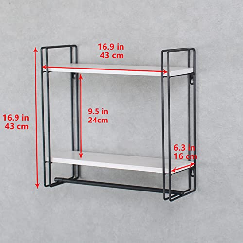 Industrial Bathroom Shelves with Towel Bar,24 inch Rustic Racks for Bathroom,2 Layers Farmhouse Rack Over Toilet,Pipe Wall Mounted,Home Decor Floating Holder (White)