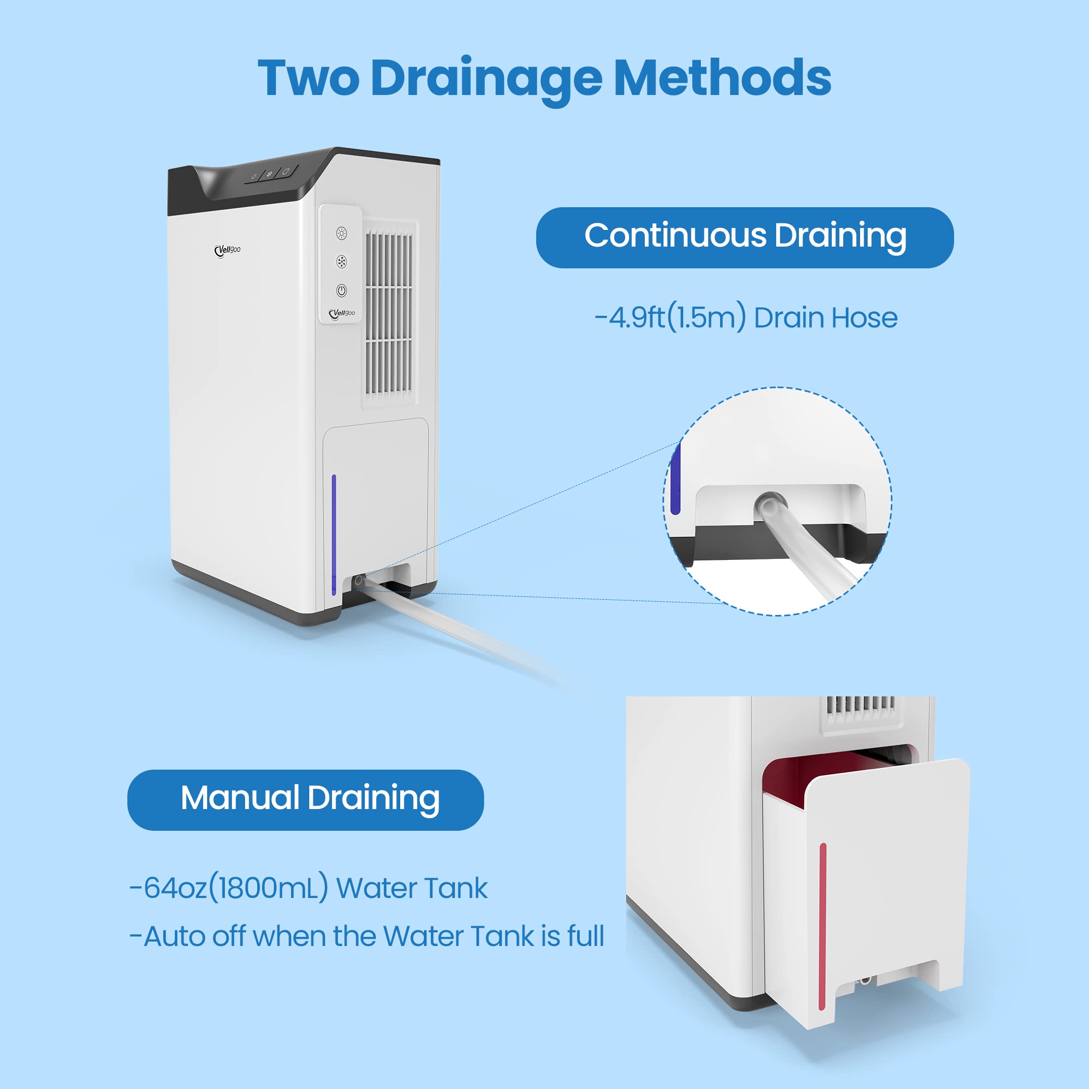 Dehumidifiers for Home - Vellgoo Dual Semiconductor Dehumidifier for Bathroom Basement Up to 540 sq.ft with 60oz Watertank, Dehumidifier with 1.5m Drain Hose