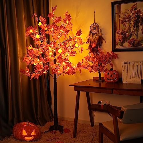 GTIDEA 6FT 120LED Lighted Maple Tree Fall Halloween Decorations, Artificial Fall Tree with 8 Flashing Mode 216 Fall Leaves for Thanksgiving Autumn Porch Farmhouse Home Decor Indoor Outdoor