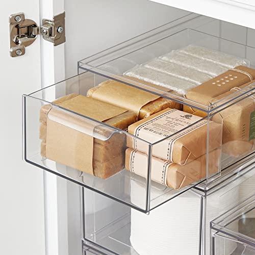 mDesign Plastic Stackable Bathroom Storage Organizer Bin with Pull Out Drawer for Cabinet, Vanity, Shelf, Cupboard, Cabinet, or Closet Organization - Lumiere Collection - 8 Pack - (Clear, 8 x 12 x 4)