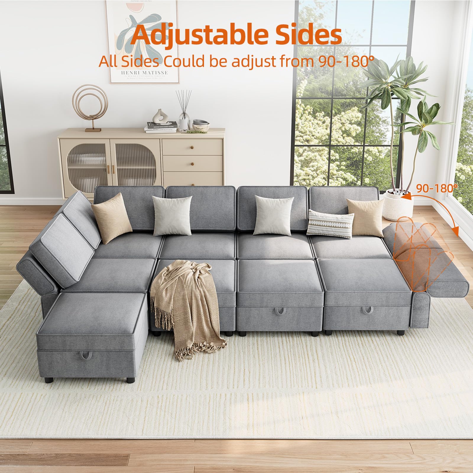 GAOMON 139.4" Chenille Reversible Sectional Sofa, 9-Seater Modular Sectional Sofa, Comfy Sectional Sleeper Sofa Couch with Chaise, U-Shape Modular Couch with Storage Seats & Ottomans, Grey