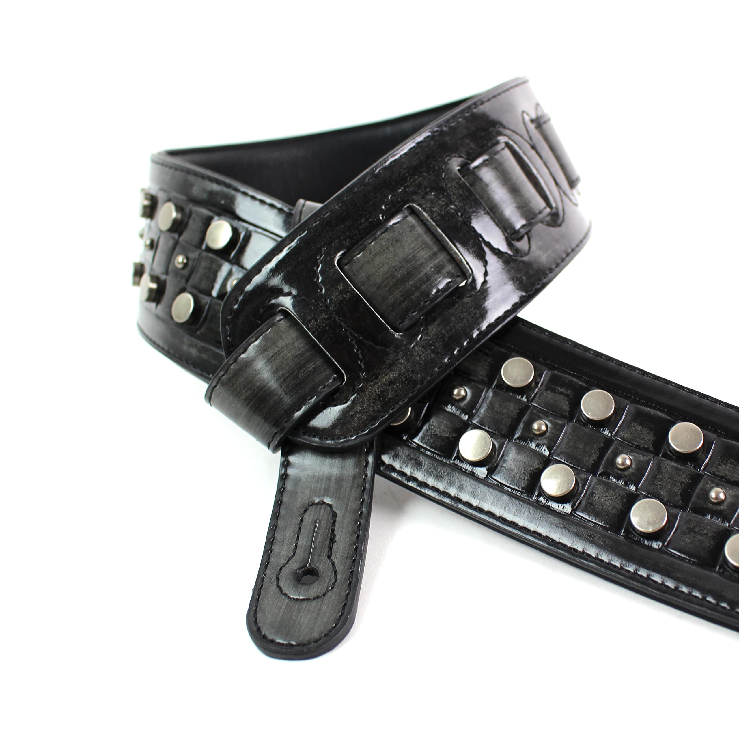 Walker & Williams DLX-215 Antiqued Black Finish Padded Guitar Strap with Metal Studs For Acoustic, Electric, And Bass Guitars