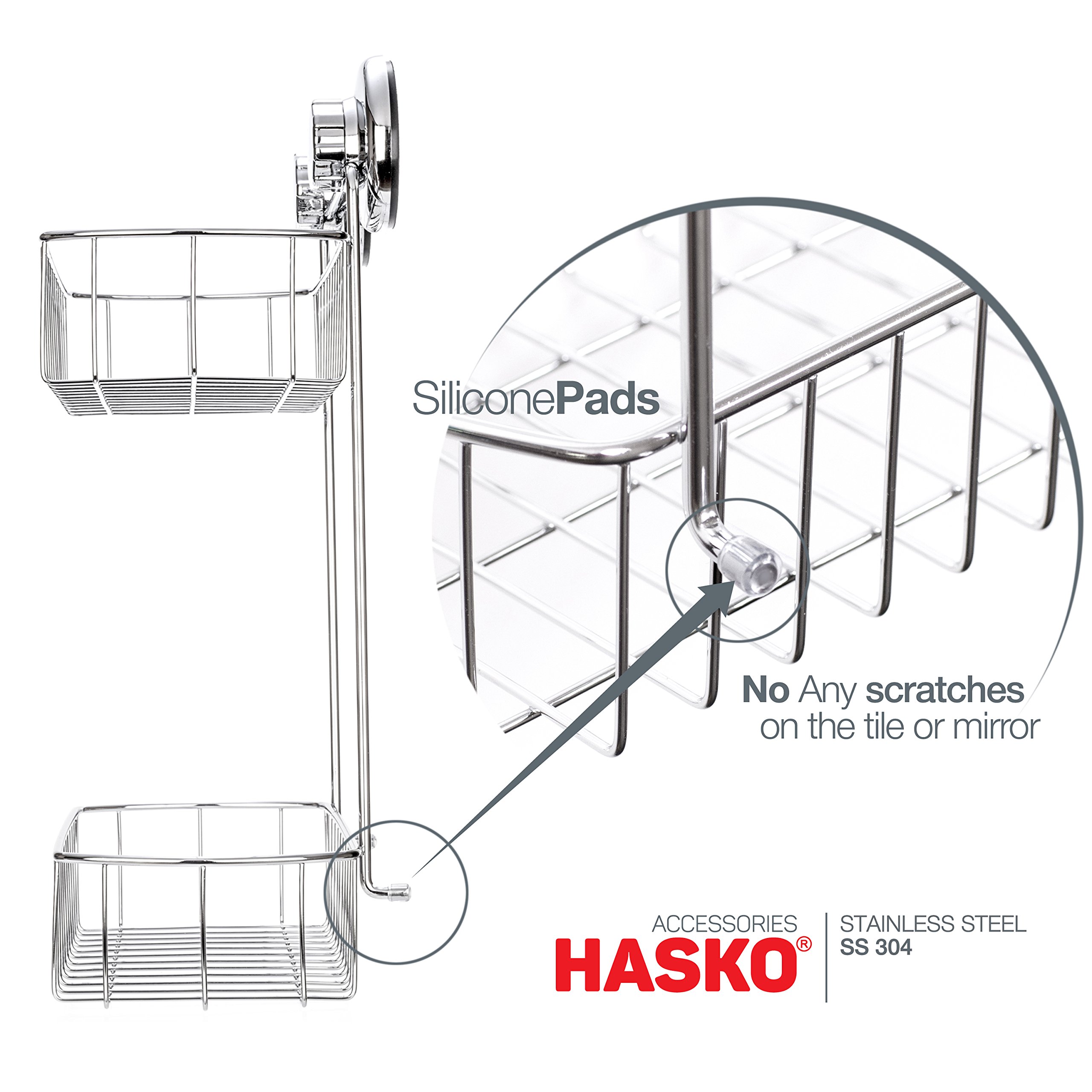 HASKO accessories - Shower Caddy with Suction Cup - 304 Stainless Steel 2Tier Basket for Bathroom - Rustproof (Chrome)