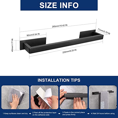 NearMoon Self Adhesive Bathroom Towel Bar-Stainless Steel Square Bath Wall Shelf Rack Hanging Towel Stick On Sticky Hanger Contemporary Style, NO Drilling (Matte Black, 9-Inch Towel Rack)