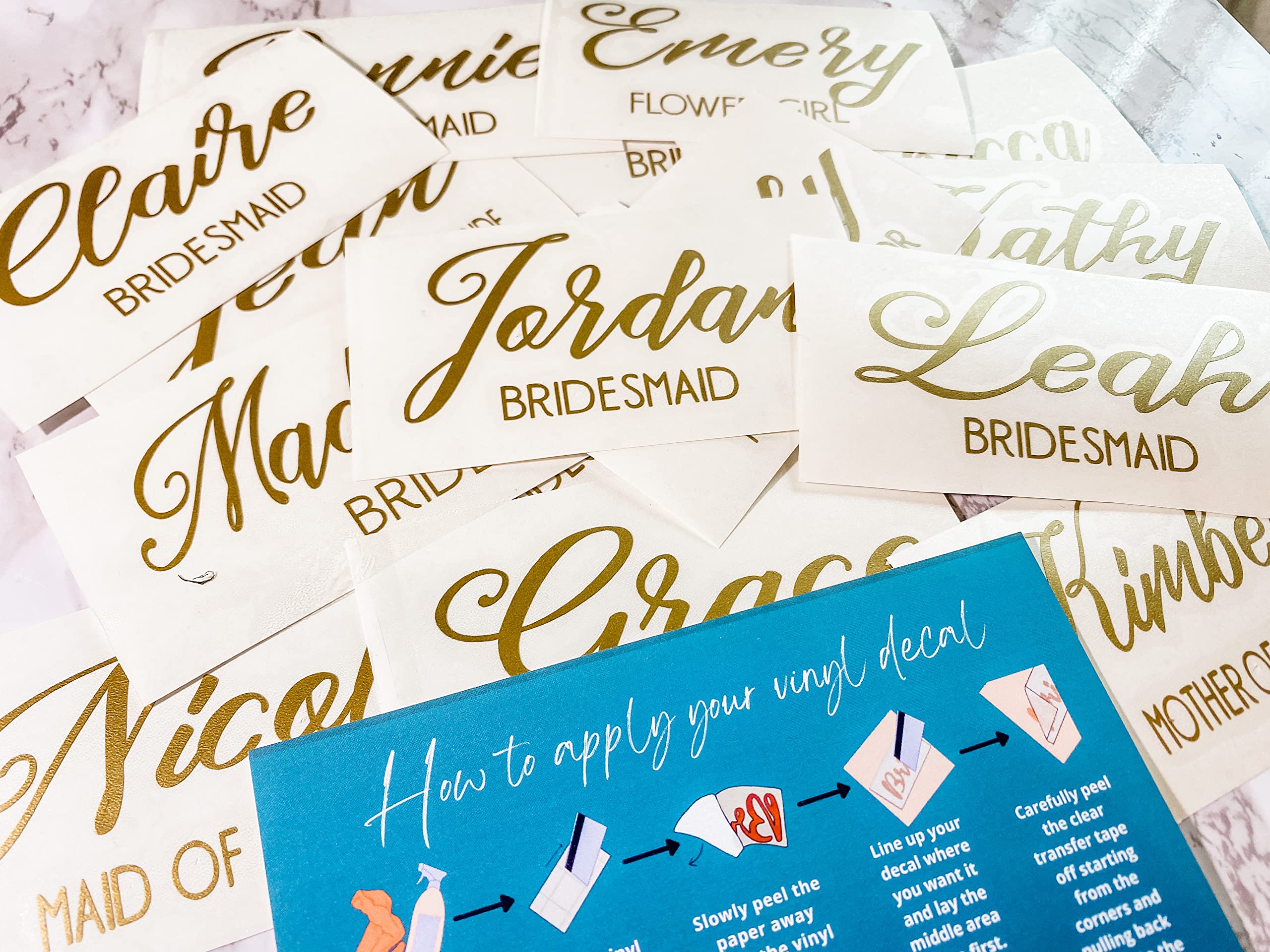 Decals Personalized with Name and Title Wedding Party Champagne Flute Customize Color for Wine Glasses Flask Cups Bridesmaid Gifts Water Bottles Metallic Gold Rose Options