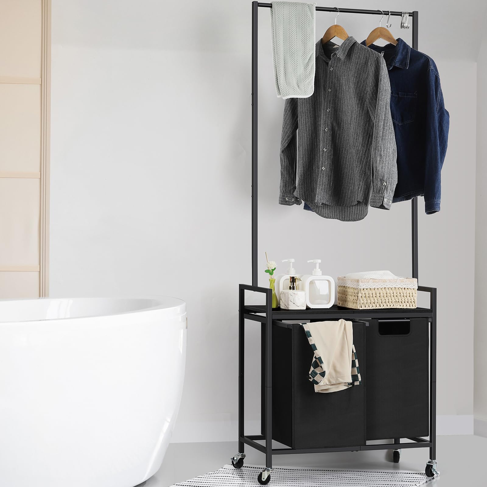 OYEAL Laundry Hamper with Lid Laundry Sorter Cart 2 Section Rolling Laundry Basket with Hanging Rack 6 Hooks for Laundry Room Bathroom Bedroom, Black