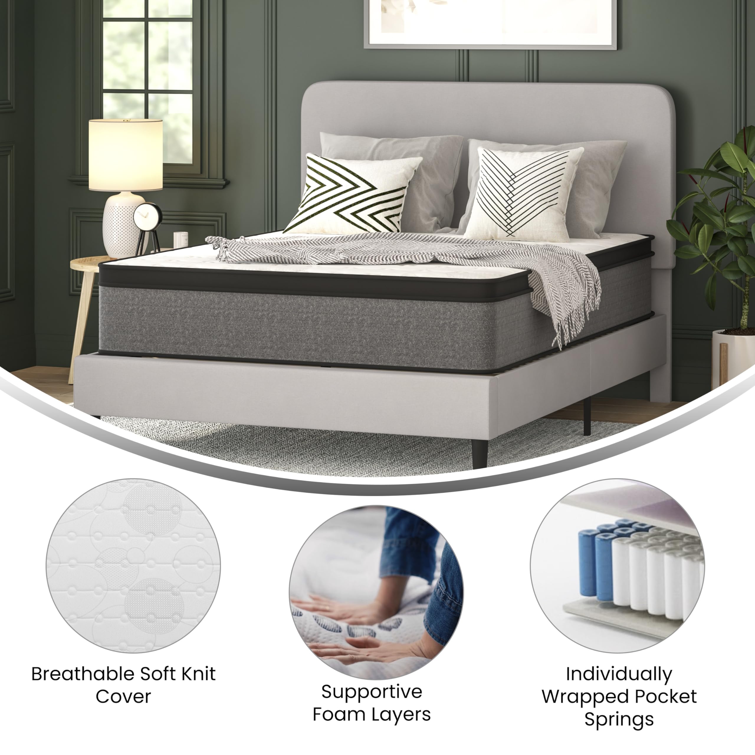 Merrick Lane Lofton 13" Euro Top Hybrid Mattress - Full Size - Individually Wrapped Pocket Springs - Certi-PUR US Certified Foam - Ships Compressed in a Box