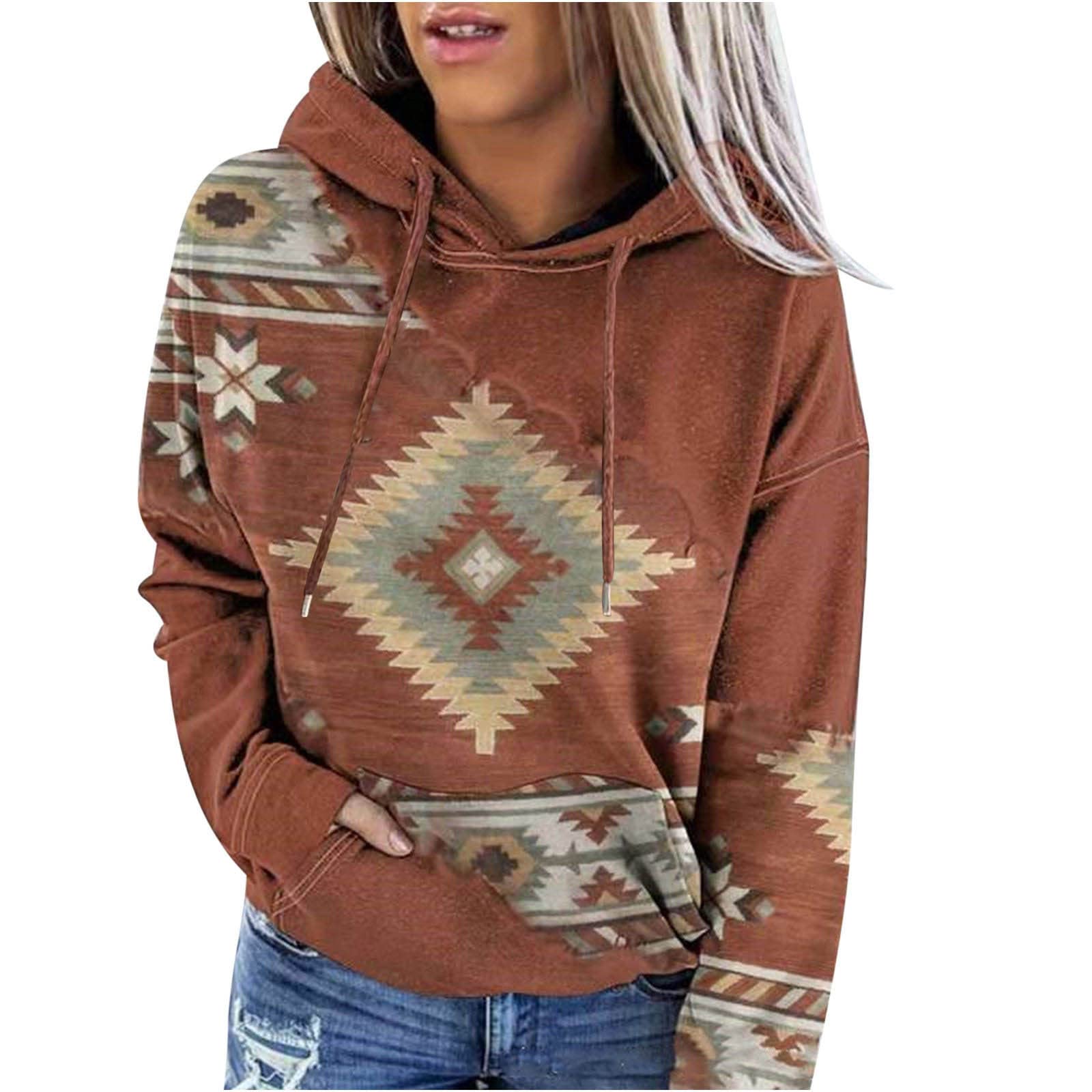 Borniu Womens Western Aztec Hoodies Drawstring Sweatshirt Pullover Ethnic Vintage Graphic Shirts Tops Fall Outfits