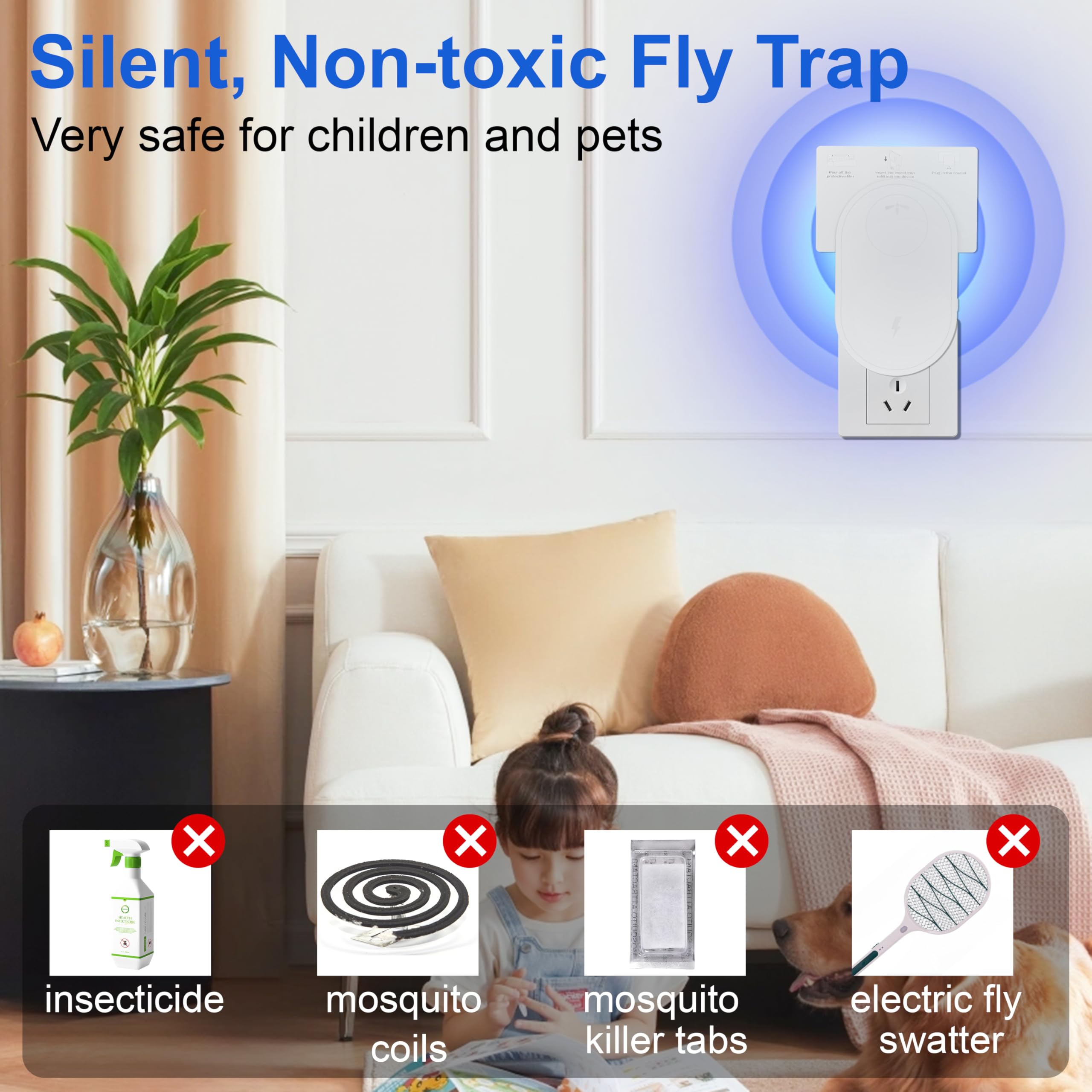Fly Trap Indoor - Fruit Fly Traps for Indoors Plug-in Flying Insect Trap for Mosquito, Flies, Fruit Flies, Gnats, Moths with 4 Sticky Traps (1 Device + 6 Glue Cards)