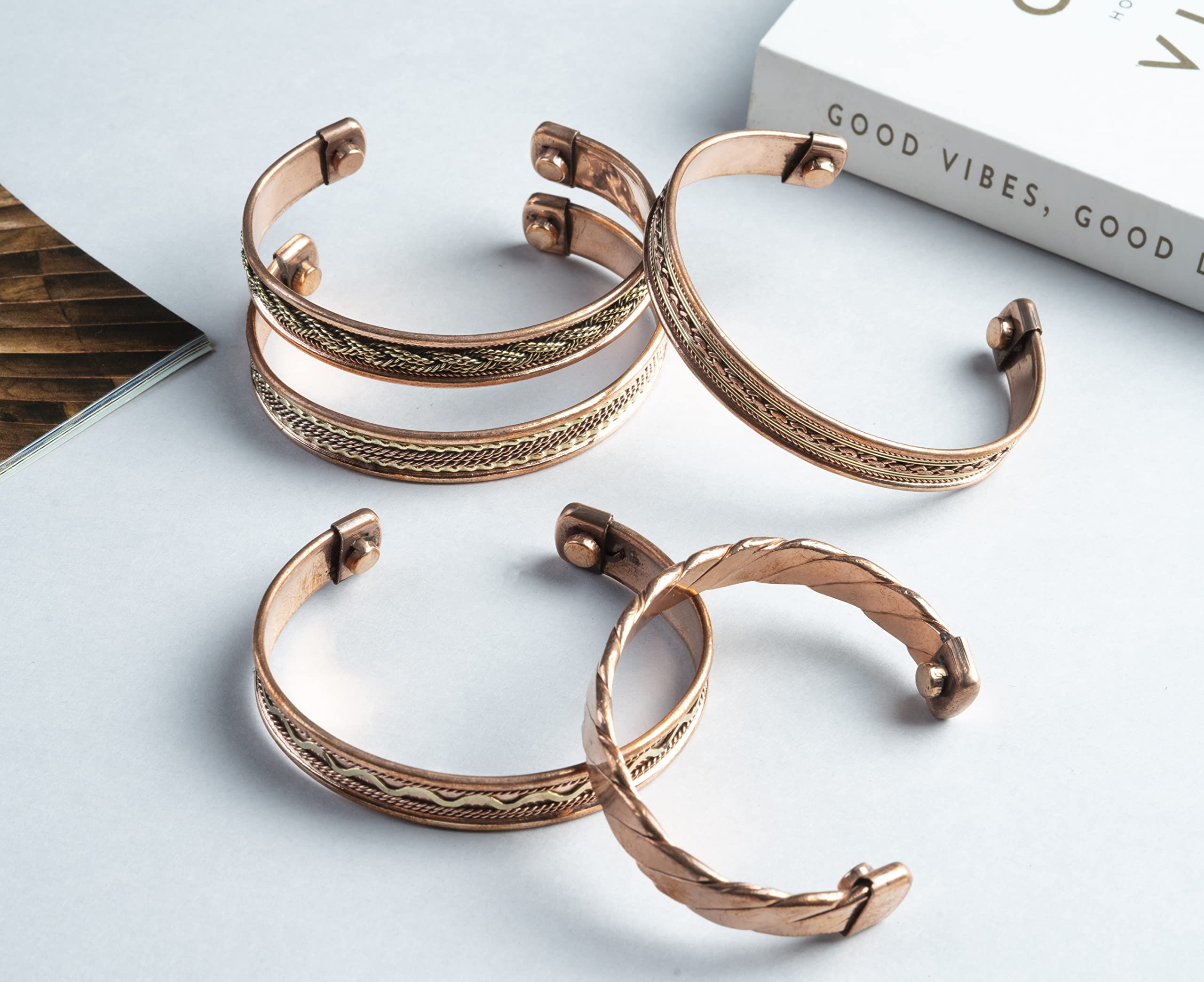 Crocon Exclusive Tibetan Copper Adjustable Bangle Bracelets set of 5 Indian pattern Unisex Yoga Jewelry Spiritual Gorgeous Collection Ideal Gift