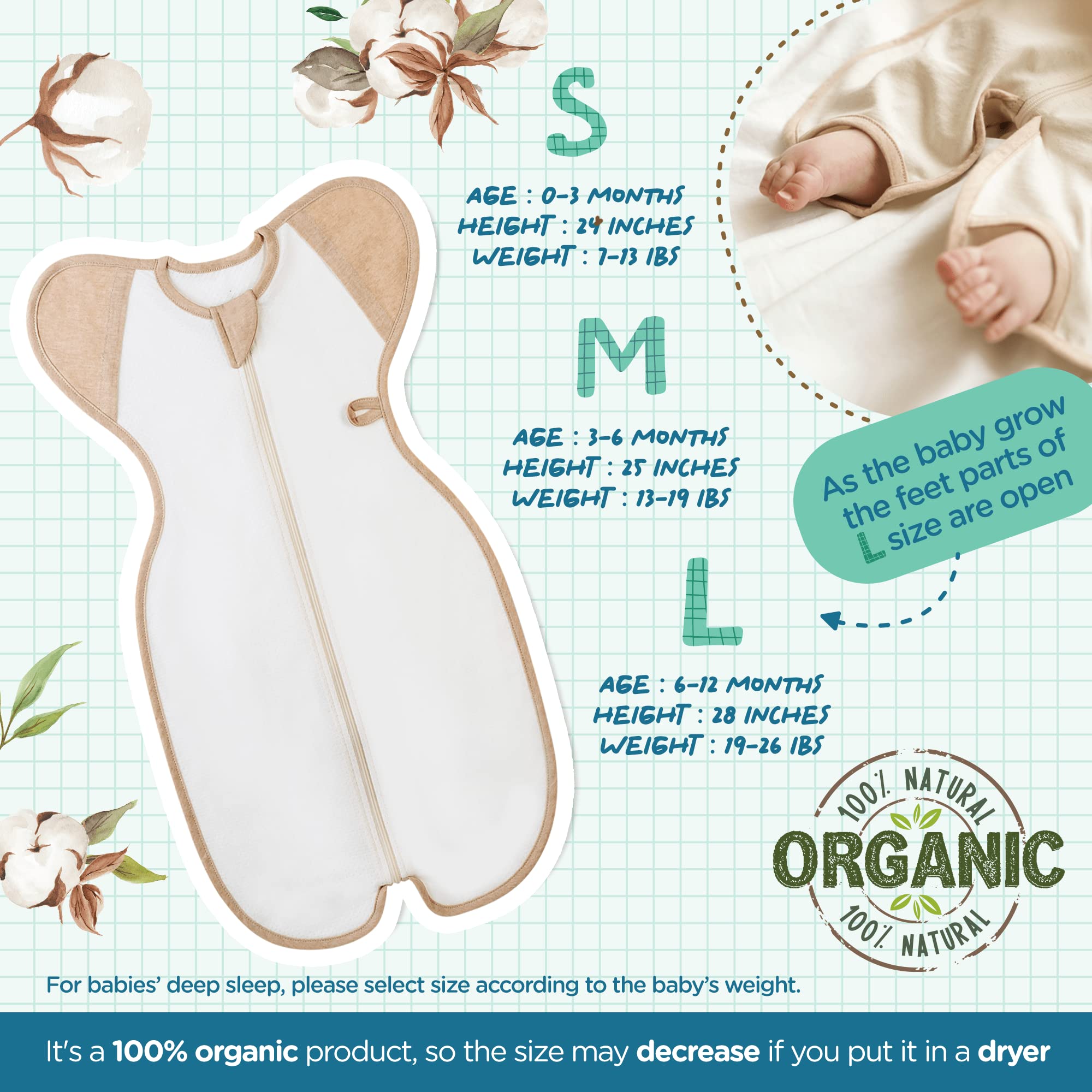 CCOCCOZAM Swaddle, 100% Organic, Air mesh, White, Large, 6-12 momths, 19-26 lbs, Transition Baby Sleep Sack Allow Your Baby to Sleep in a Preferred up-arm Position, Designed for Free Hand Movement