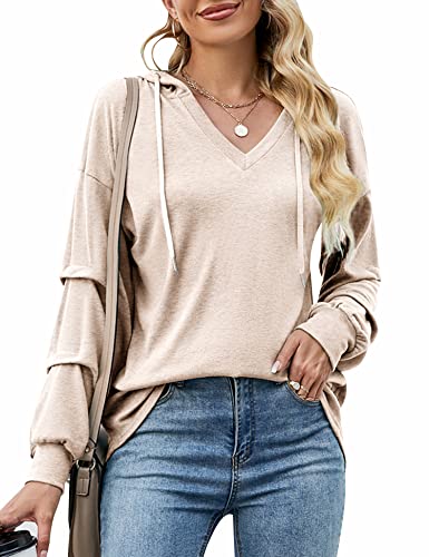 Conmite Womens Drawstring Pullover Hoodies Casual Long Sleeve Tops V Neck Drop Shoulder Sweatshirts Apricot L