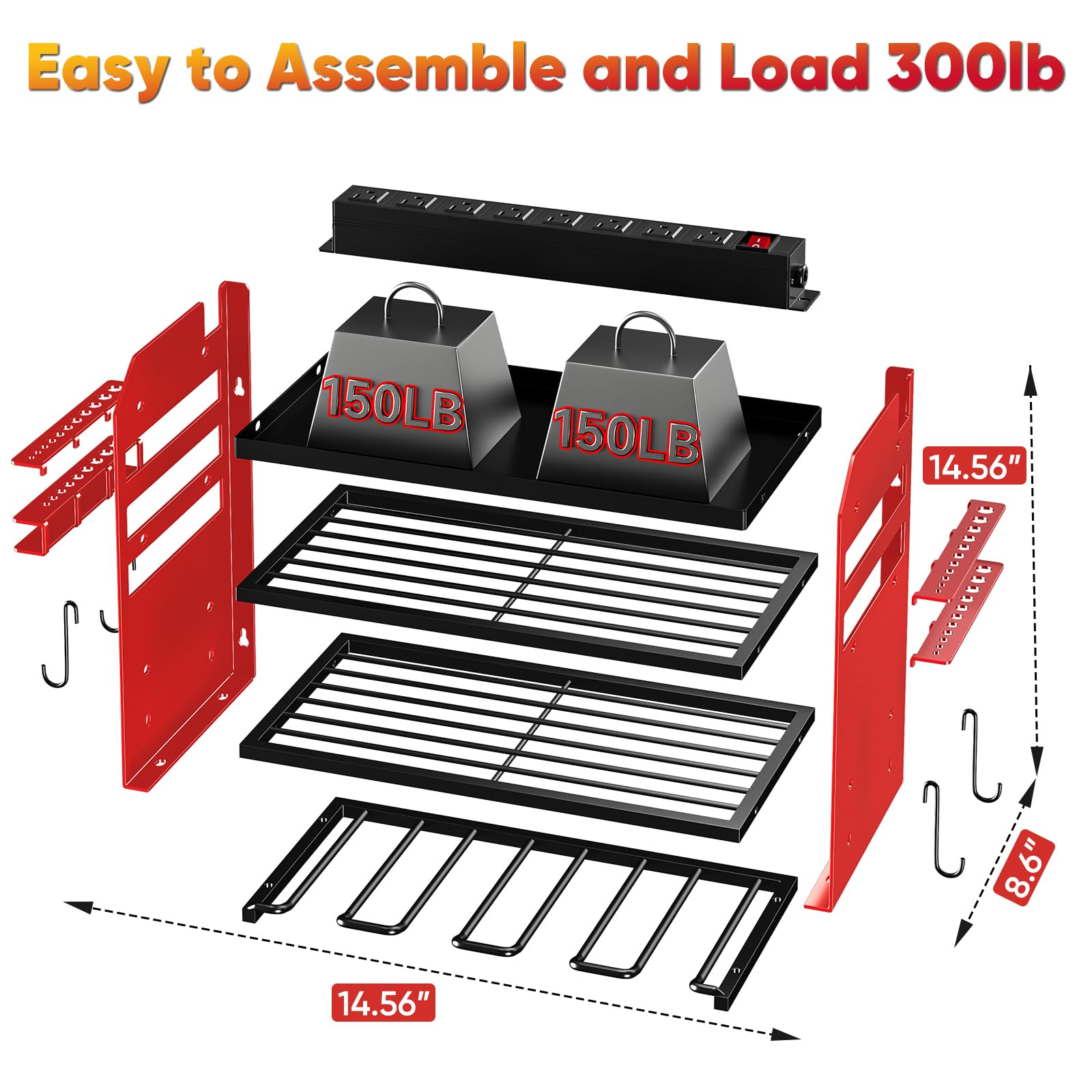 POKIPO Power Tool Organizer Wall Mount with Charging Station,Tool Storage Rack with 8 Outlet Power Strip,Heavy Duty Metal Battery Utility Rack with 4 Cordless Drill Holder 6.56 Ft Cord for Garage