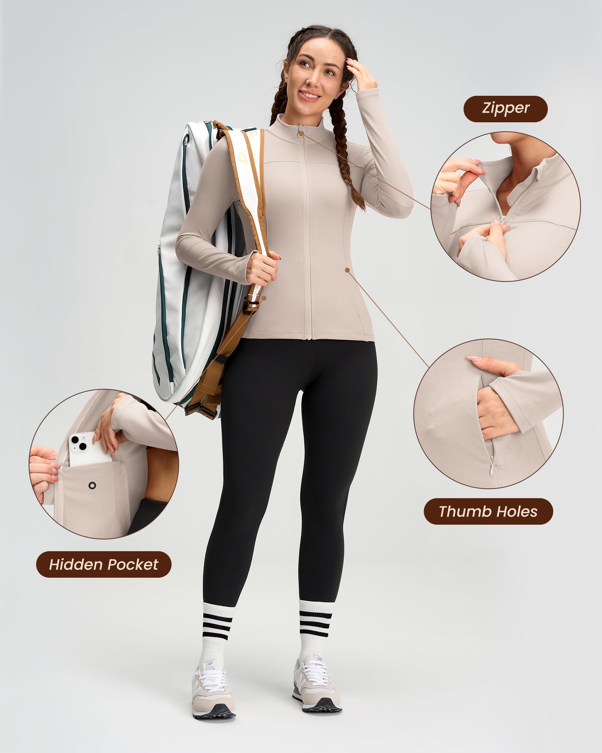 colorskin Workout Jackets for Women Full Zip Athletic Running Track Jacket with Pockets Slim Fit Yoga Jacket with Thumb Holes(Almond,Medium)