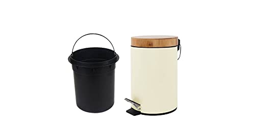 L-Line Way Small Bathroom Trash can with Pedal,Eco Friendly Bamboo lid Soft Close,0.8 Gal/3L .Beige Steel with Removable Inner bin.Strong &Anti Skid Pedal.Color Box.Unique & Boutique Style