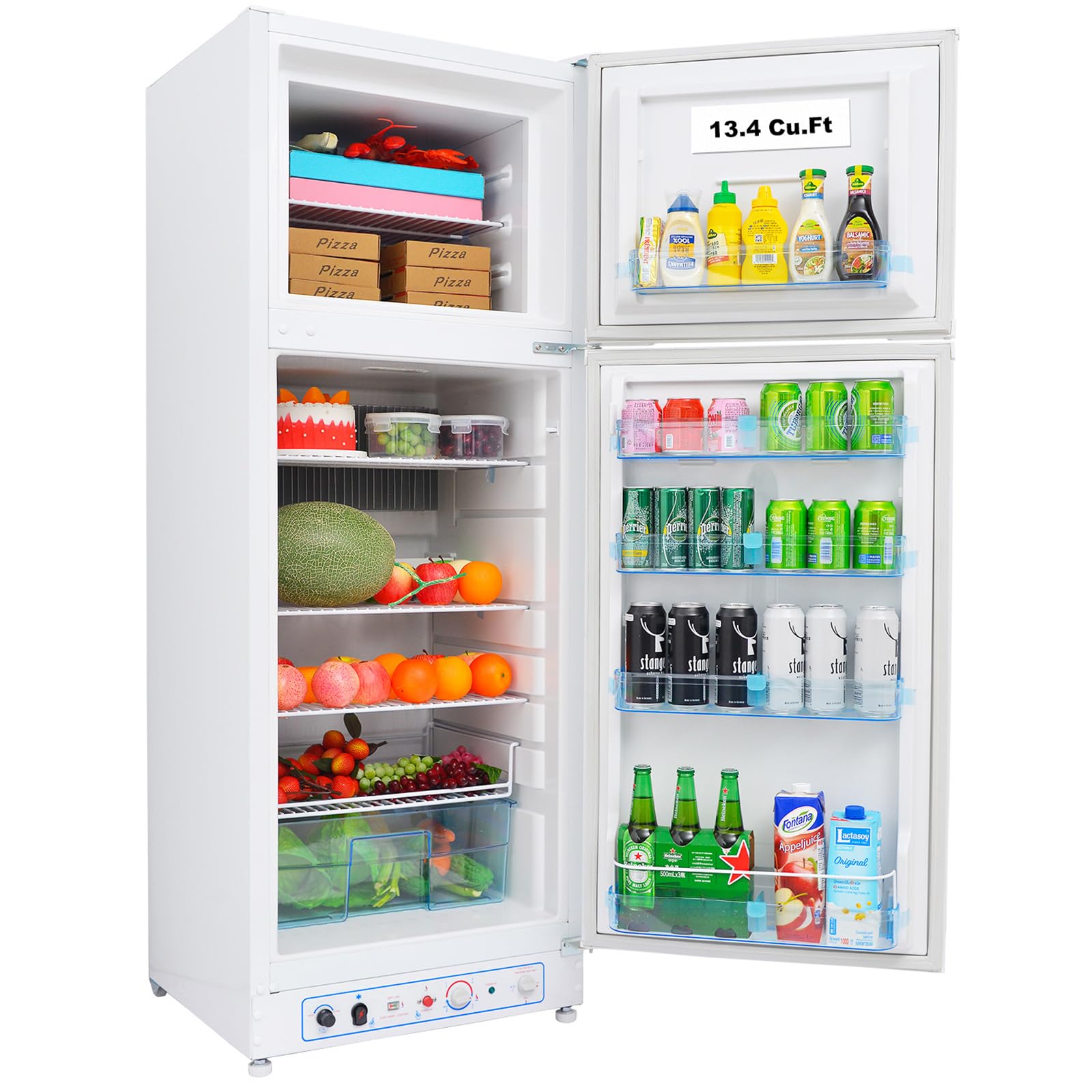 SMETA Propane Refrigerator with Freezer 13.4 cuft Gas Fridge 110v/LPG Dual Ways Top Freezer Top Mount Full Size for Kitchen Garage RV Off-Grid