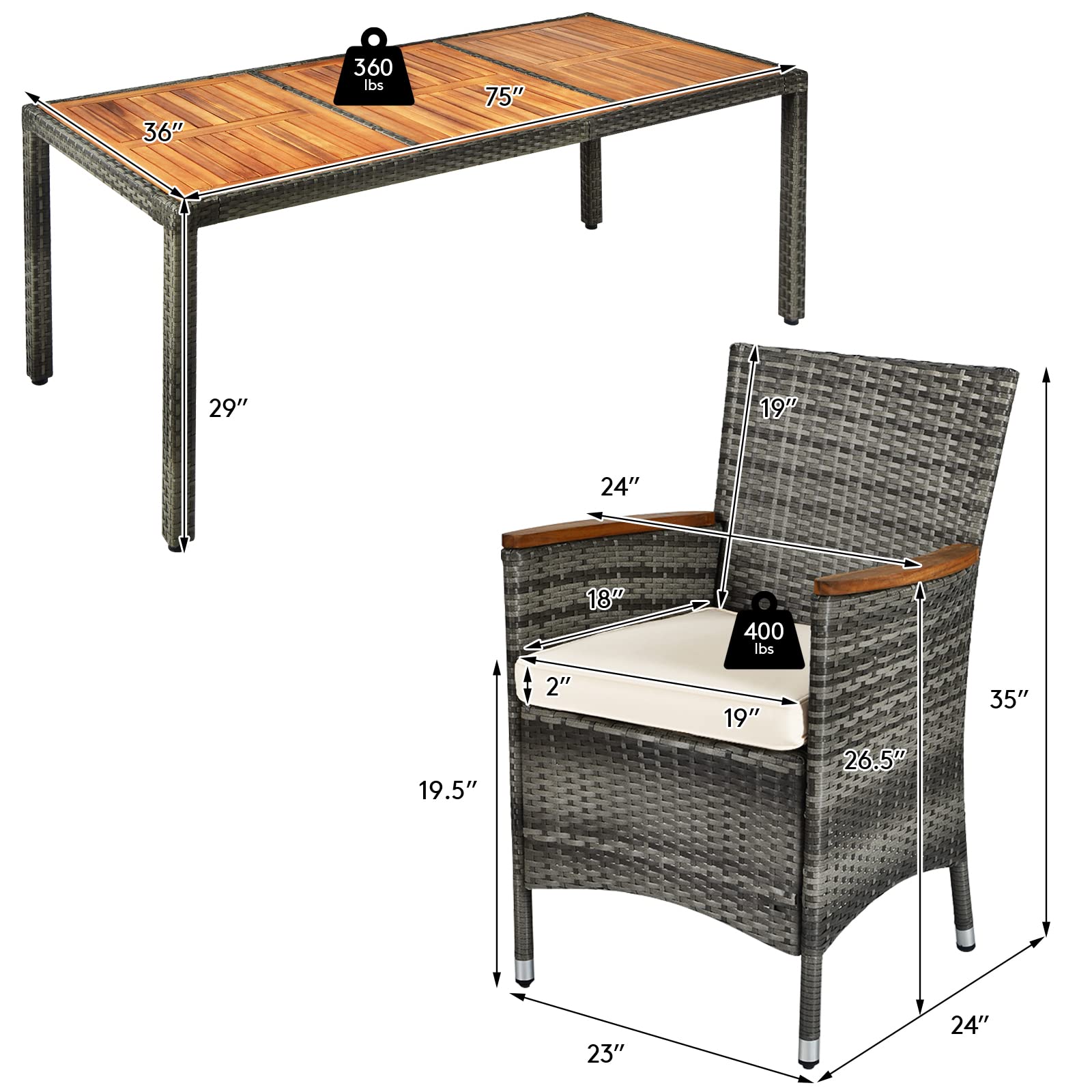 Toolsempire Patio Dining Set Outdoor Dining Set, 9 Pieces Wicker Patio Furniture Set with Acacia Wood Table and Chairs, Garden Dining Table Set for Backyard, Desk, Poolside, Christmas(Grey)