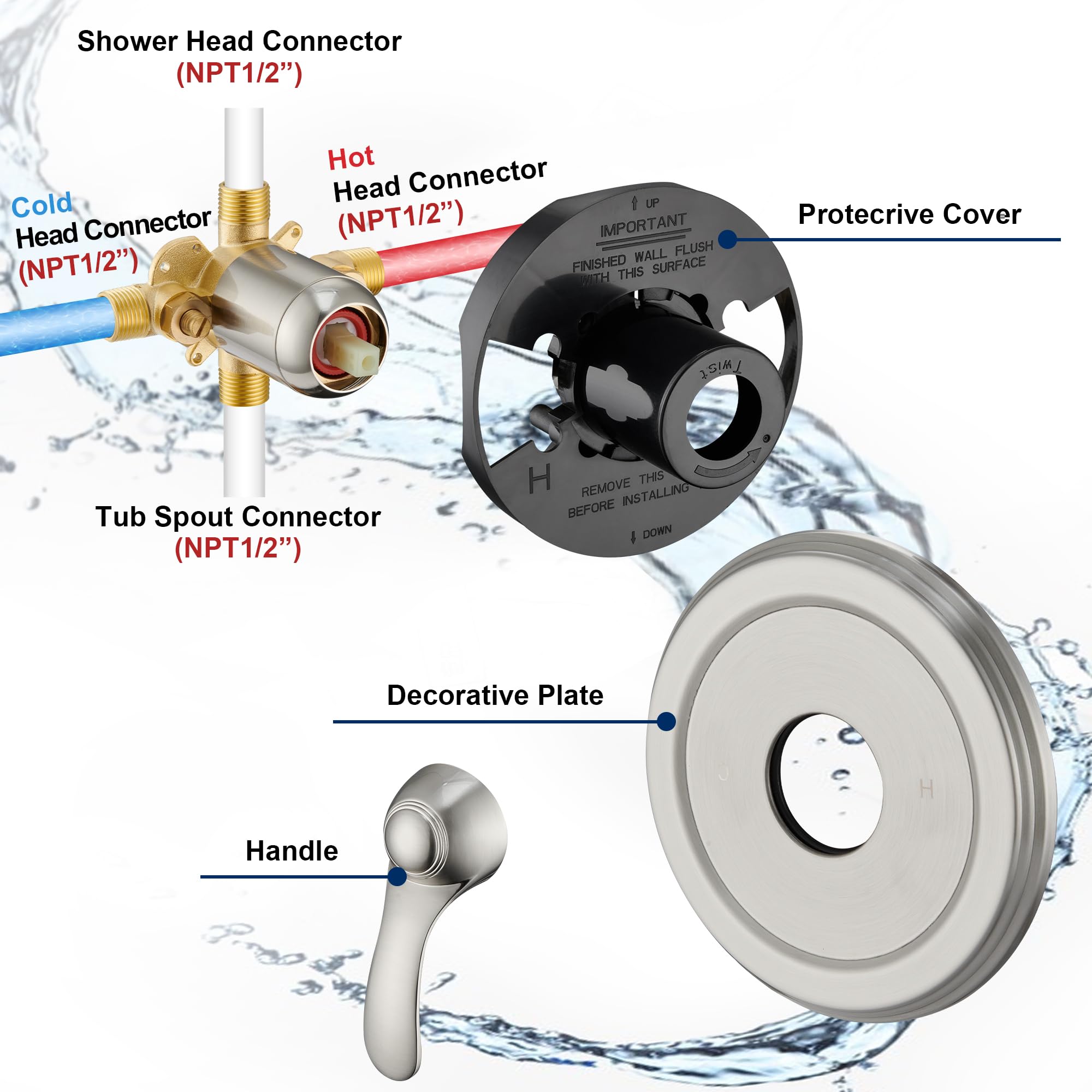 FROPO Tub Shower Faucet Set with Valve, 6-Inch Shower Head and Handle Set Brushed Nickel, Single-Handle Tub and Shower Trim Kit with Touch-Clean Rain Shower Head and Tub Spout