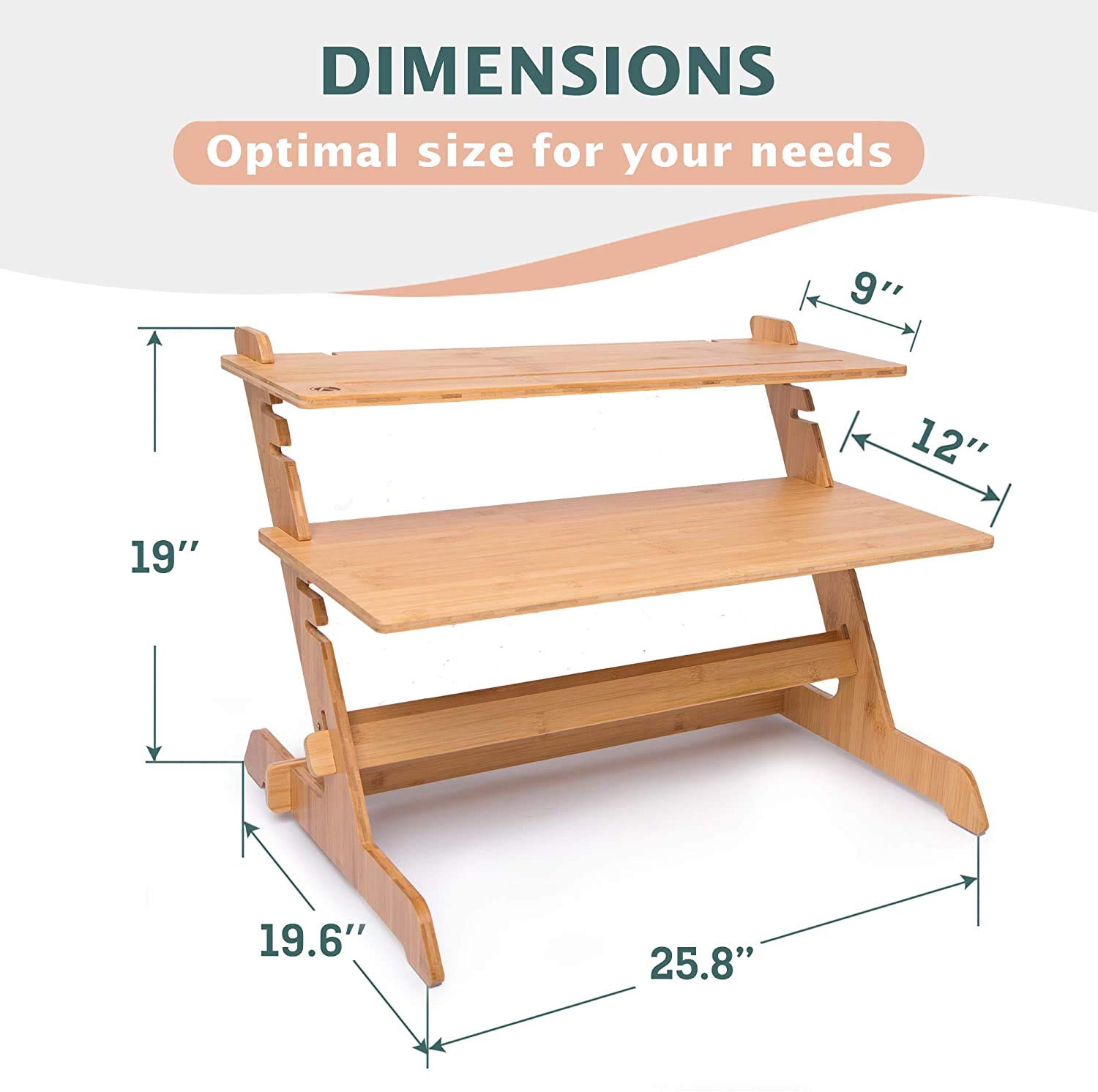 Crew & Axel 2023 (Updated) Standing Desk Converter 100% Natural Bamboo Adjustable Sit Stand Riser Workstation for Desktop or Laptop, Dual Monitor Stand - Home or Office Use (19β High 26β Wide)