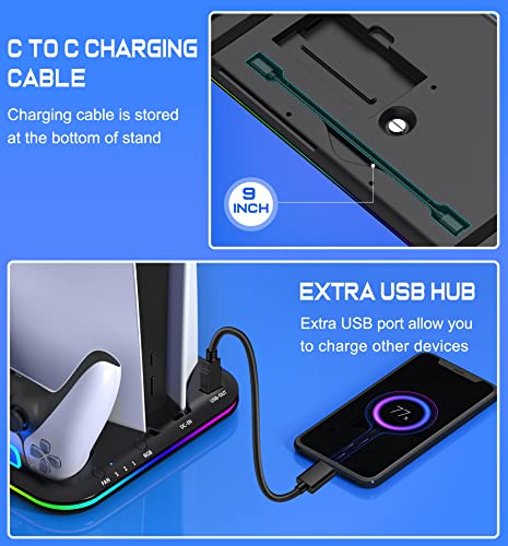 PS5 Stand with 4 Level Cooling Fan and RGB LED, Dual Fast PS5 Controller Charging Station for PS5 Digital/Disc, Accessories Incl. 6 Game Storage, Headset Holder, Dust Baffle