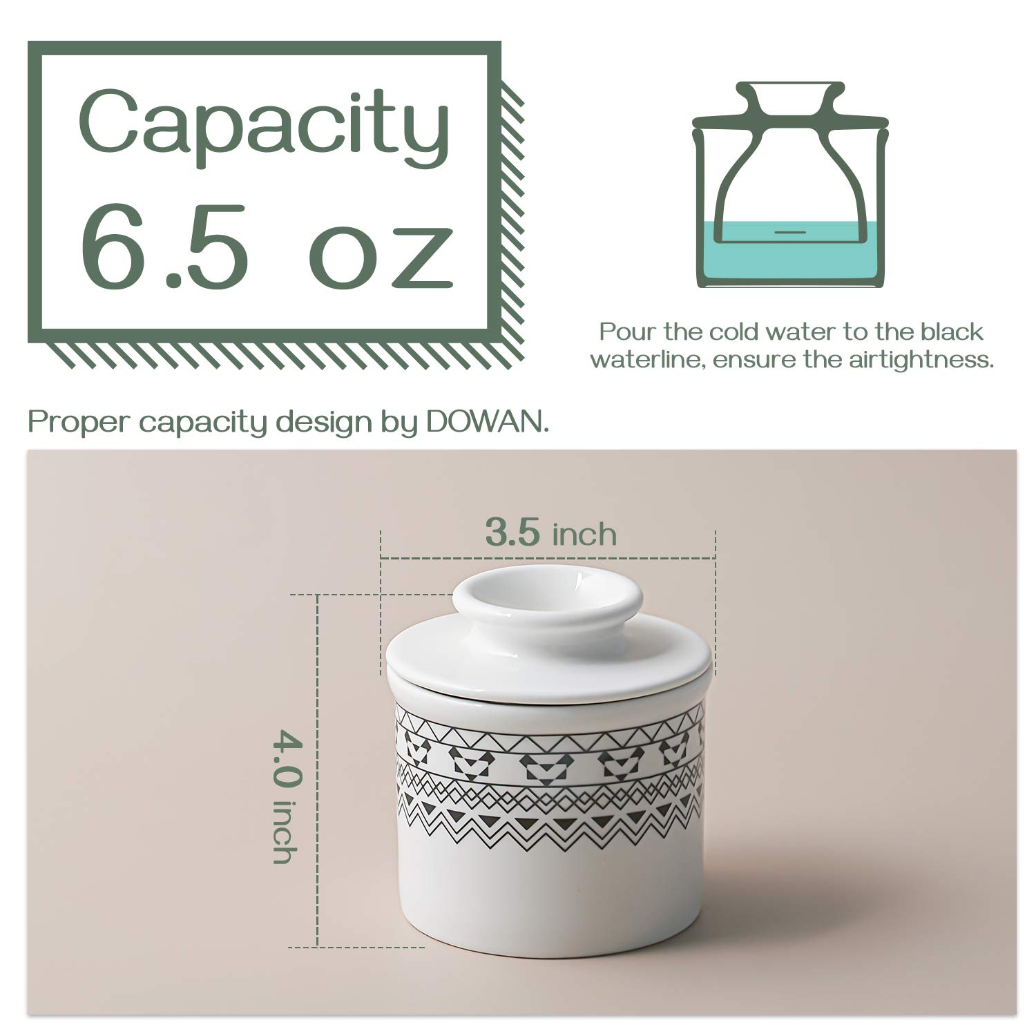 Dowan Butter Crock, Butter Keeper Crock, Keep Butter Soft & Fresh, Butter Crock with Water Line, Dishwasher Safe, French Butter Dish with Flat Lid for Serving, Modern Bohemian Design,unique thanksgivi