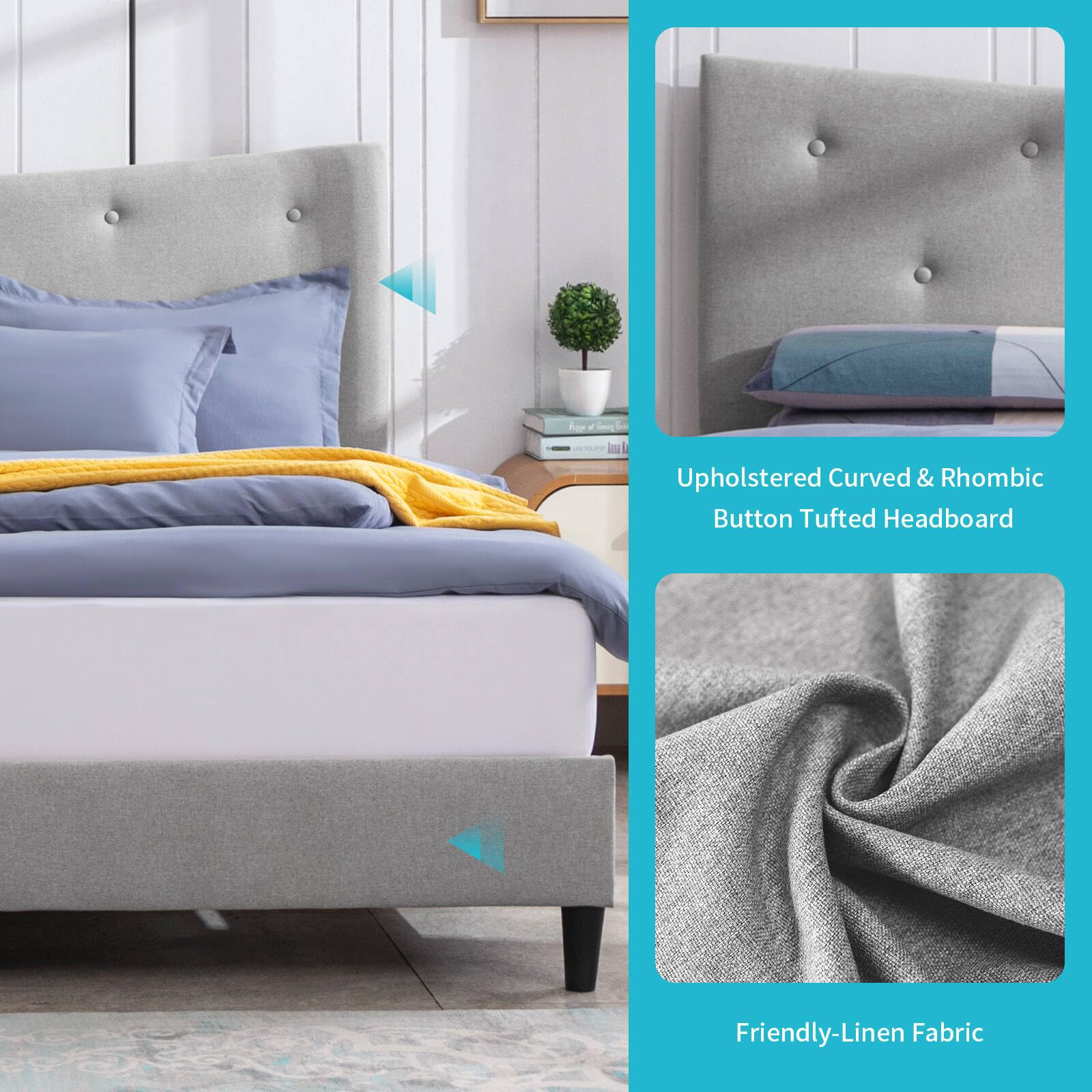 CECER King Size Bed Frame with Adjustable Headboard | Linen Upholstered Bed Frame with Wood Slats for Bedroom | Easy Assembly | No Box Spring Needed-Light Grey