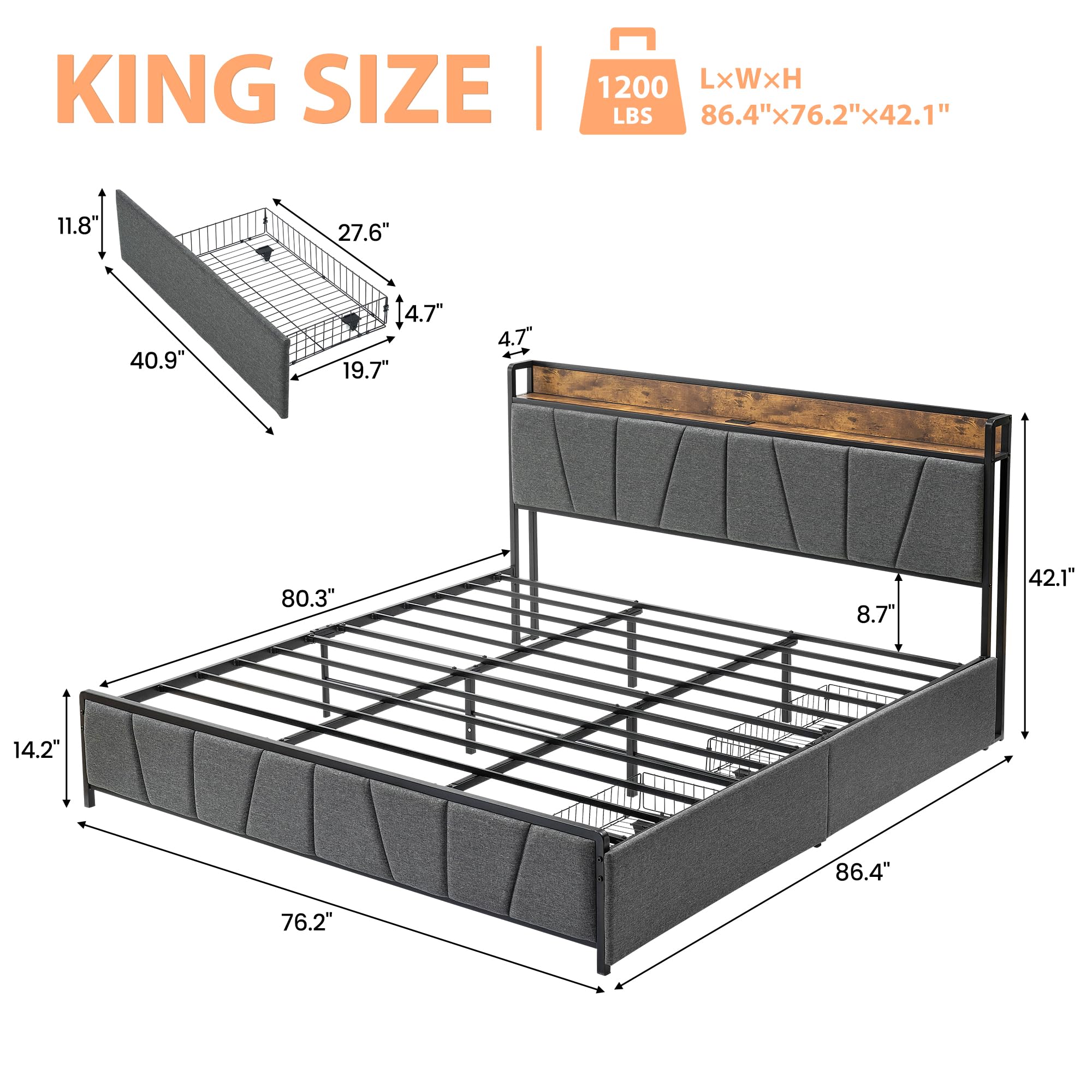 GAOMON King Size Bed Frame with Storage Headboard and 2 Drawers, Linen Upholstered Platform Bed Frame with Charging Station, Heavy Duty, No Box Spring Needed, Easy Assembly, Noise Free, Grey&Brown