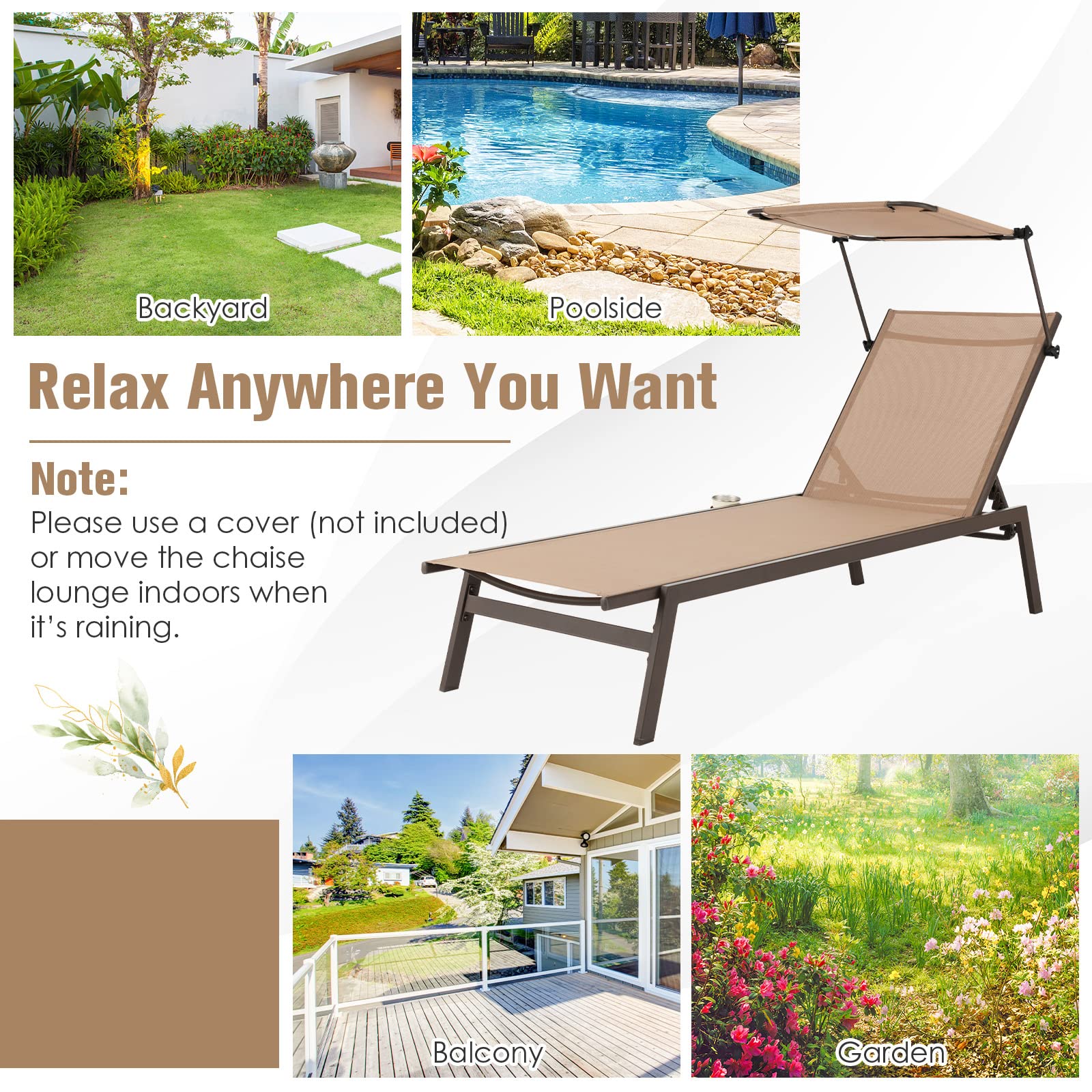 Tangkula Patio Chaise Lounge Chair, Outdoor Recliner with Adjustable Canopy & Cup Holder, 6-Level Backrest, Heavy-Duty Metal Reclining Lounger for Poolside, Backyard (1, Brown)