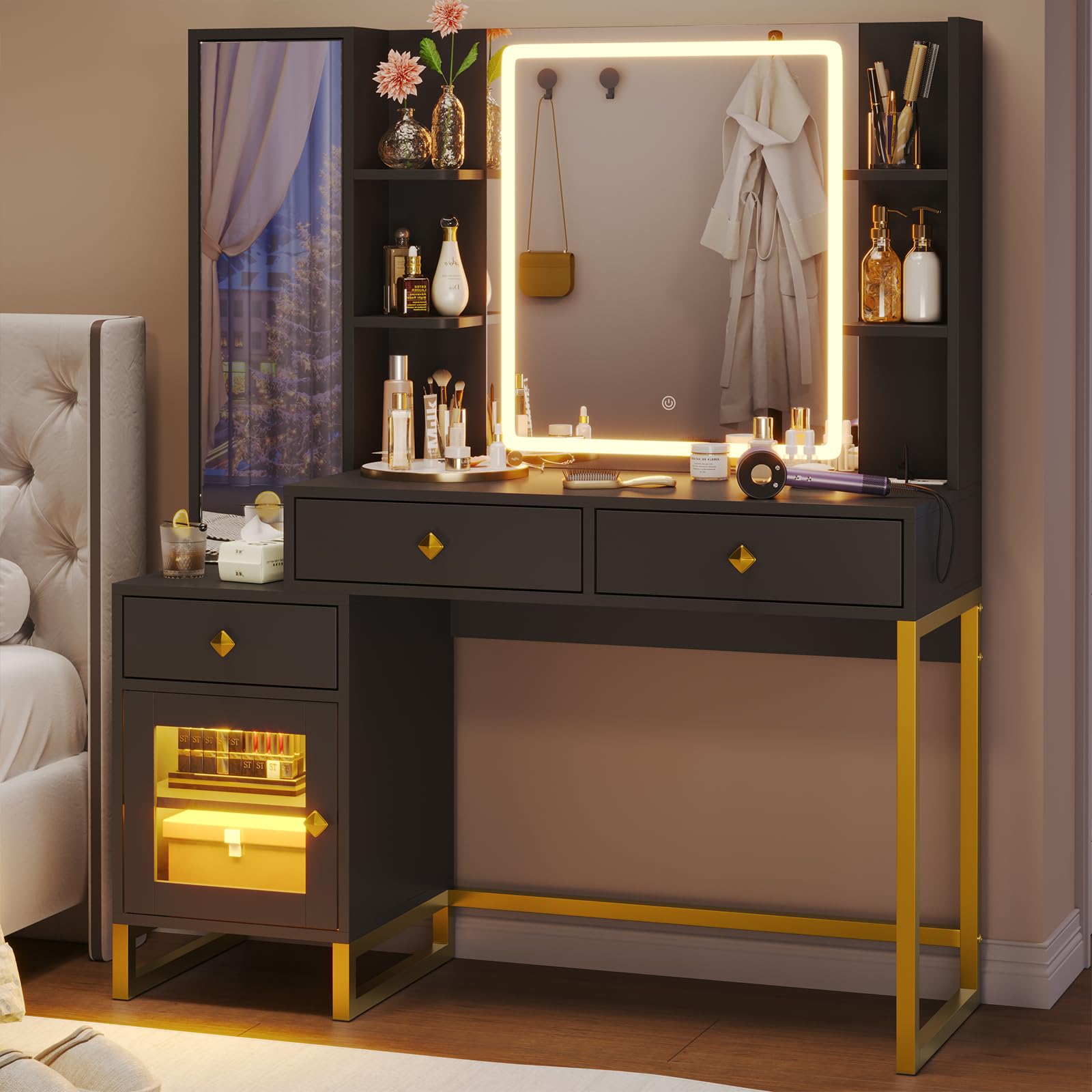 HAUOMS Makeup Vanity with Jewelry Cabinet & LED Lighted Mirror, Modern Vanity Desk with Charging Station, Double Mirror Vanity Table Set, White & Gold
