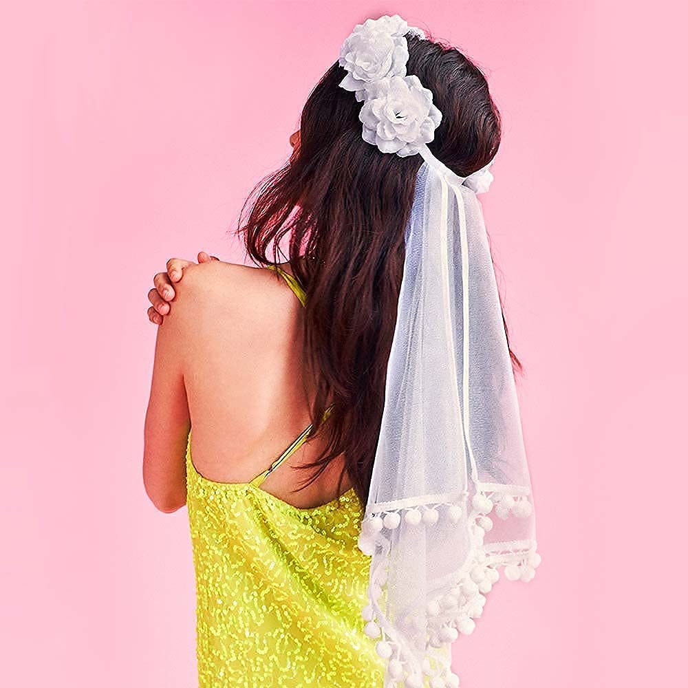 xo, Fetti Bachelorette Party Decorations Veil - White Flower Pom Pom Veil | Bridal Shower | Bride to Be Gift + Engagement Decorations