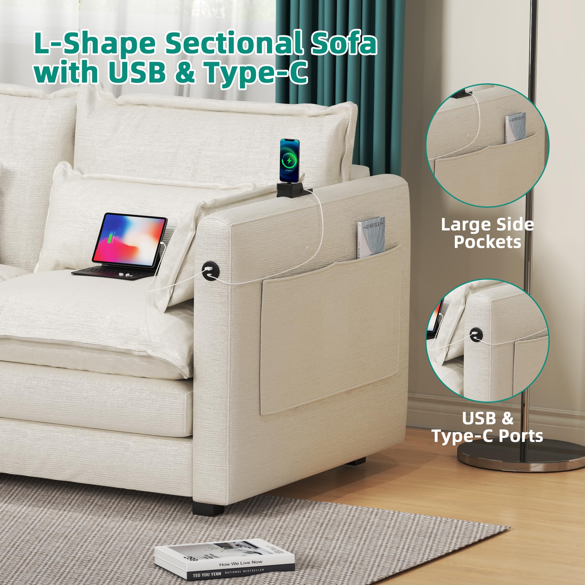 EDWELL Modular Sectional Sofa, Convertible 110" L Shaped Couches with USB & Type-C Ports, Comfy 4-Seater Sectional Couches for Living Room, Modern Cloud Couch Sectional with Moveable Ottoman, Beige