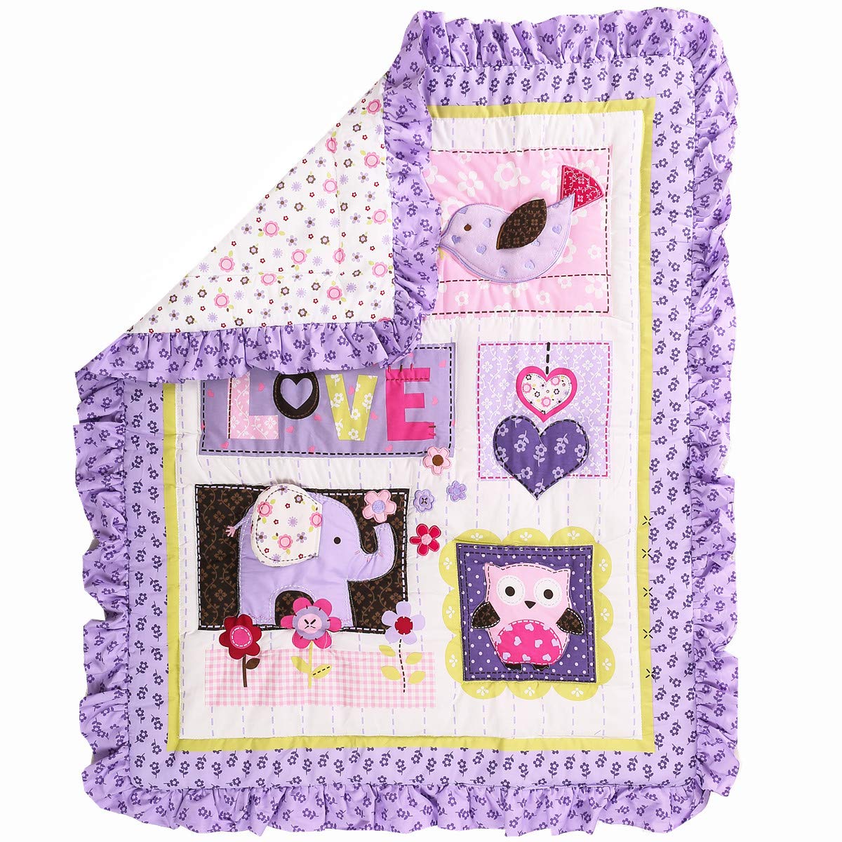 Crib Sets for Girls 3D Elephant Bird Crib Bedding Sets for Girls 3Piece Baby Nursery Bedding Purple White | Crib Comforter, Crib Sheet, Dust Ruffle