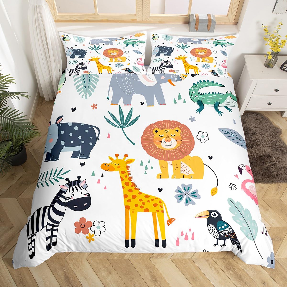 Kids Zoo Animal Duvet Cover Cute Wild Animals Bedding Set Cartoon Safari Wild Print Comforter Cover for Boys Girls Children Teens Bedroom Decor Exotic Natural Theme Bedspread Cover Full Size
