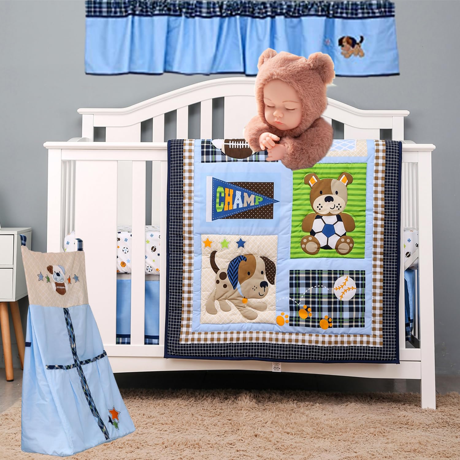 CribMATE Blue Dog Nursery Diaper Stacker Sport Puppy Diaper Hanging Bag (Blue Sport puppy)